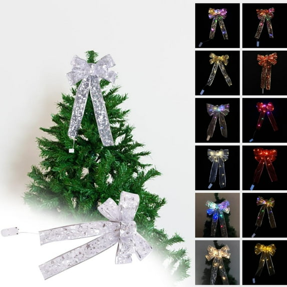 Lssam Illuminated Silver Christmas Tree Bow Topper - 13.7x9 Inch Pre ...