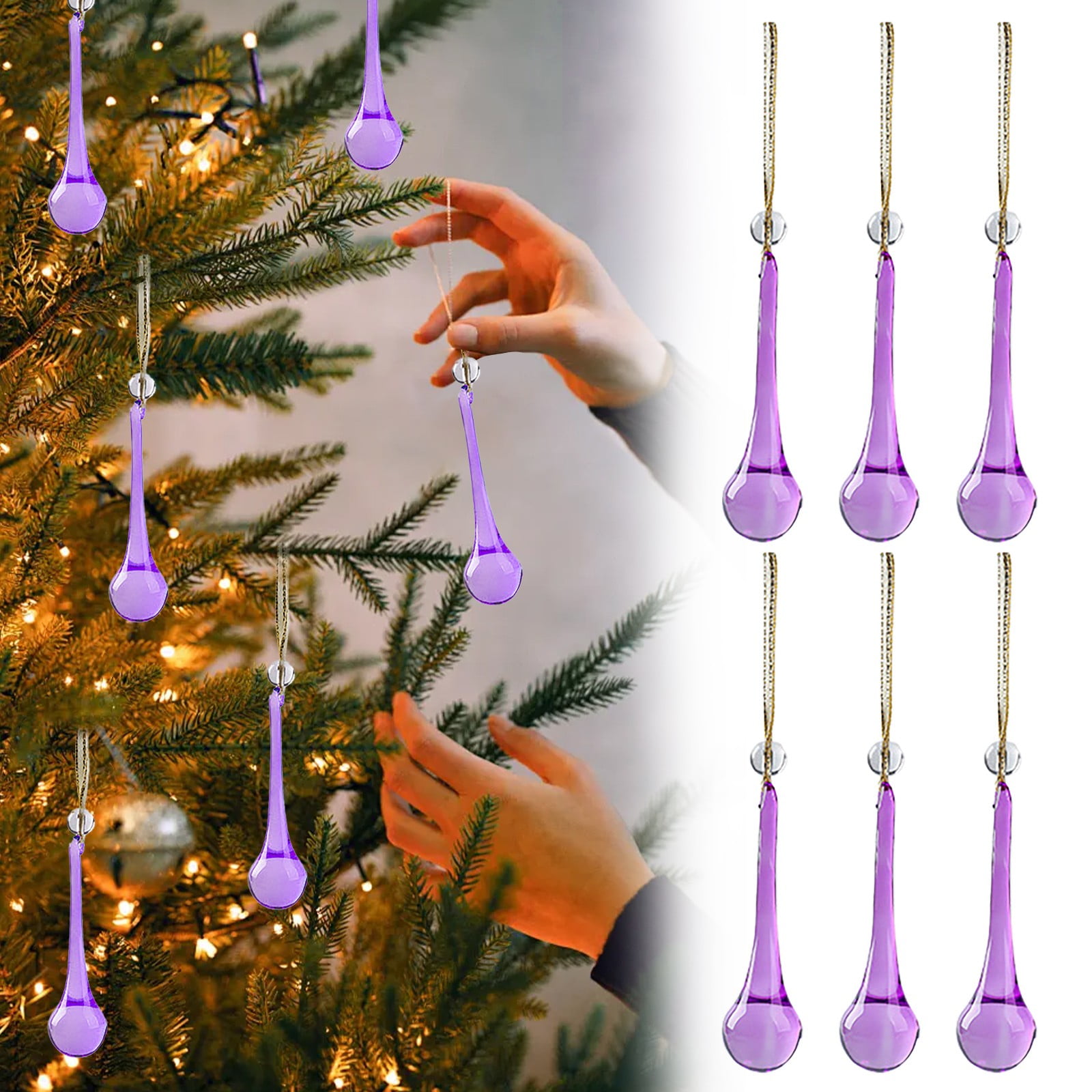 Lssam Purple Glass Teardrop Ornaments - 6 Count Crystal Icicle ...