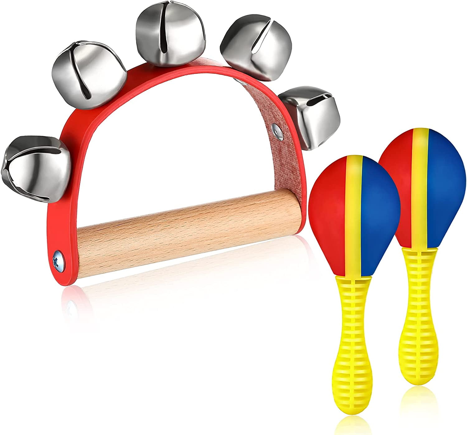 Lsupdaol 3 Pieces Tambourine Maracas Set Wooden Hand Sleigh Bells ...