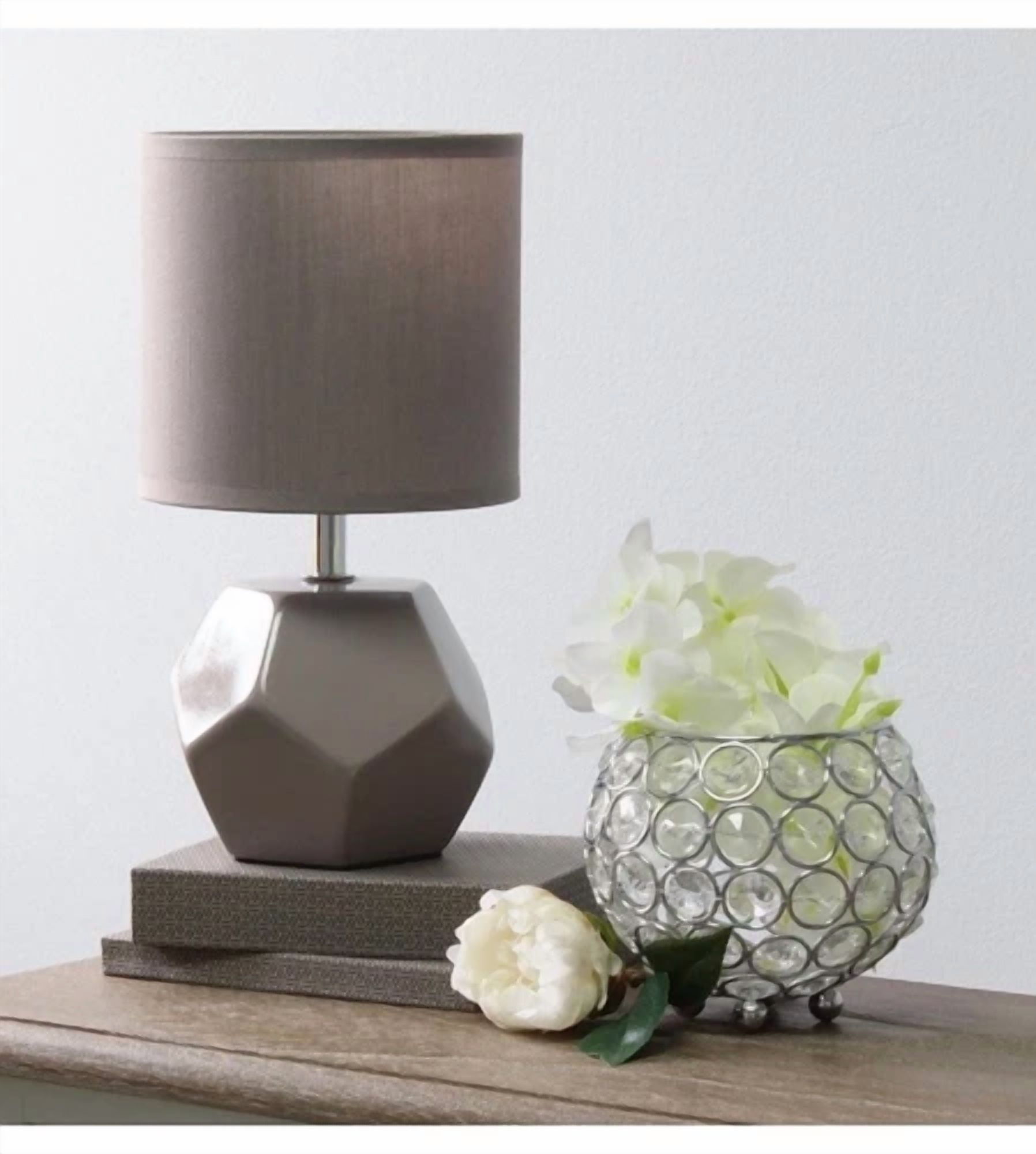 Lt2065-Gry Round Prism Mini Table Lamp With Matching Fabric Shade, Gray ...