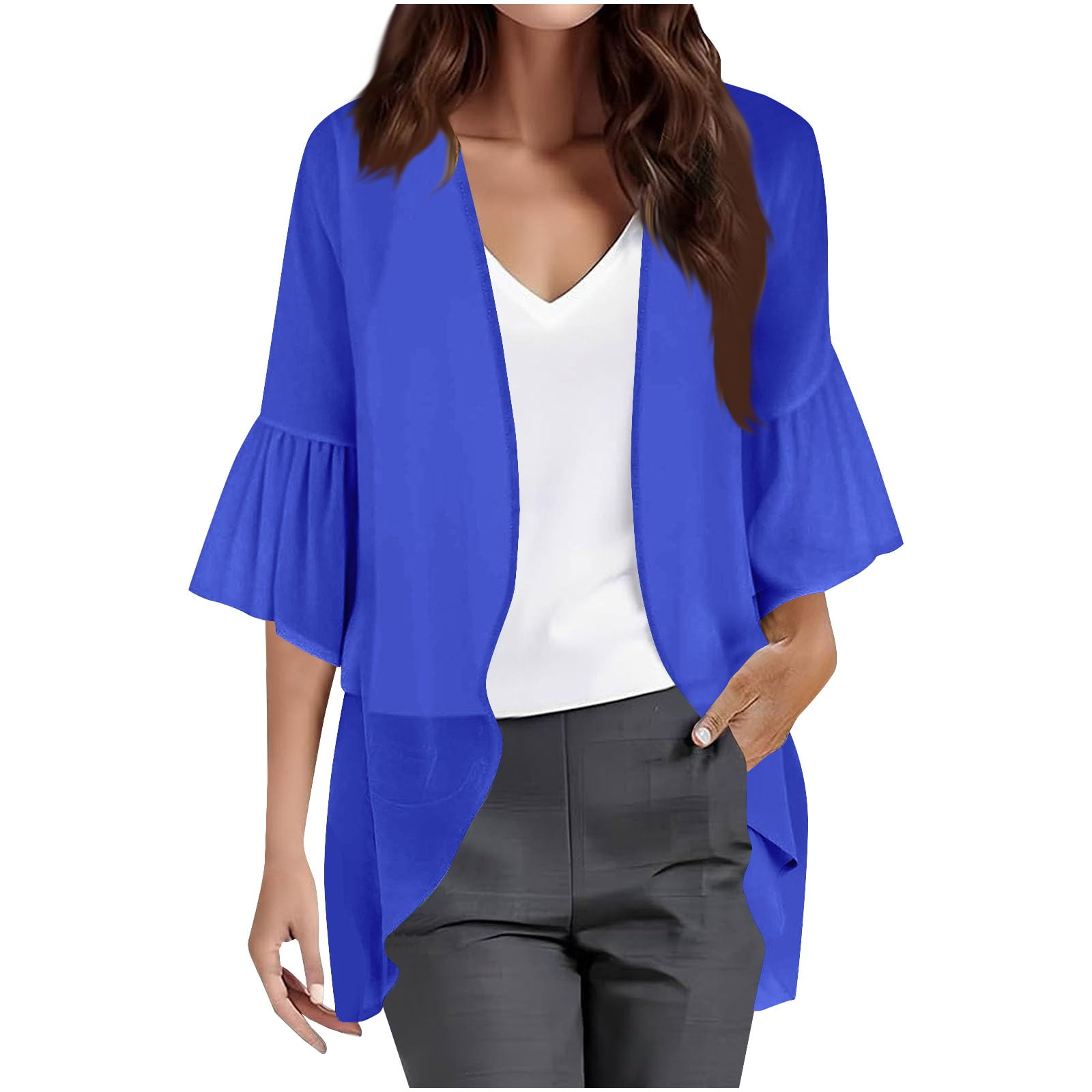 Ltctricy Cardigan for Women Lightweight Ruffle 3/4 Sleeve Open Front ...