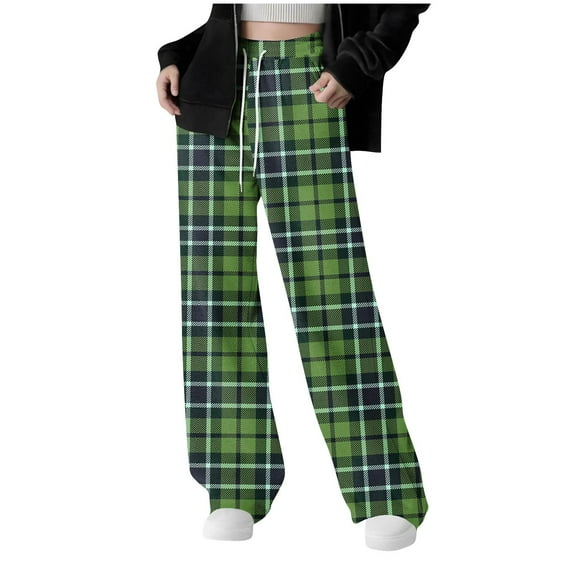 Ltctricy Girls' Sweatpants Elastic High Waisted Drawstring Plaid Wide ...
