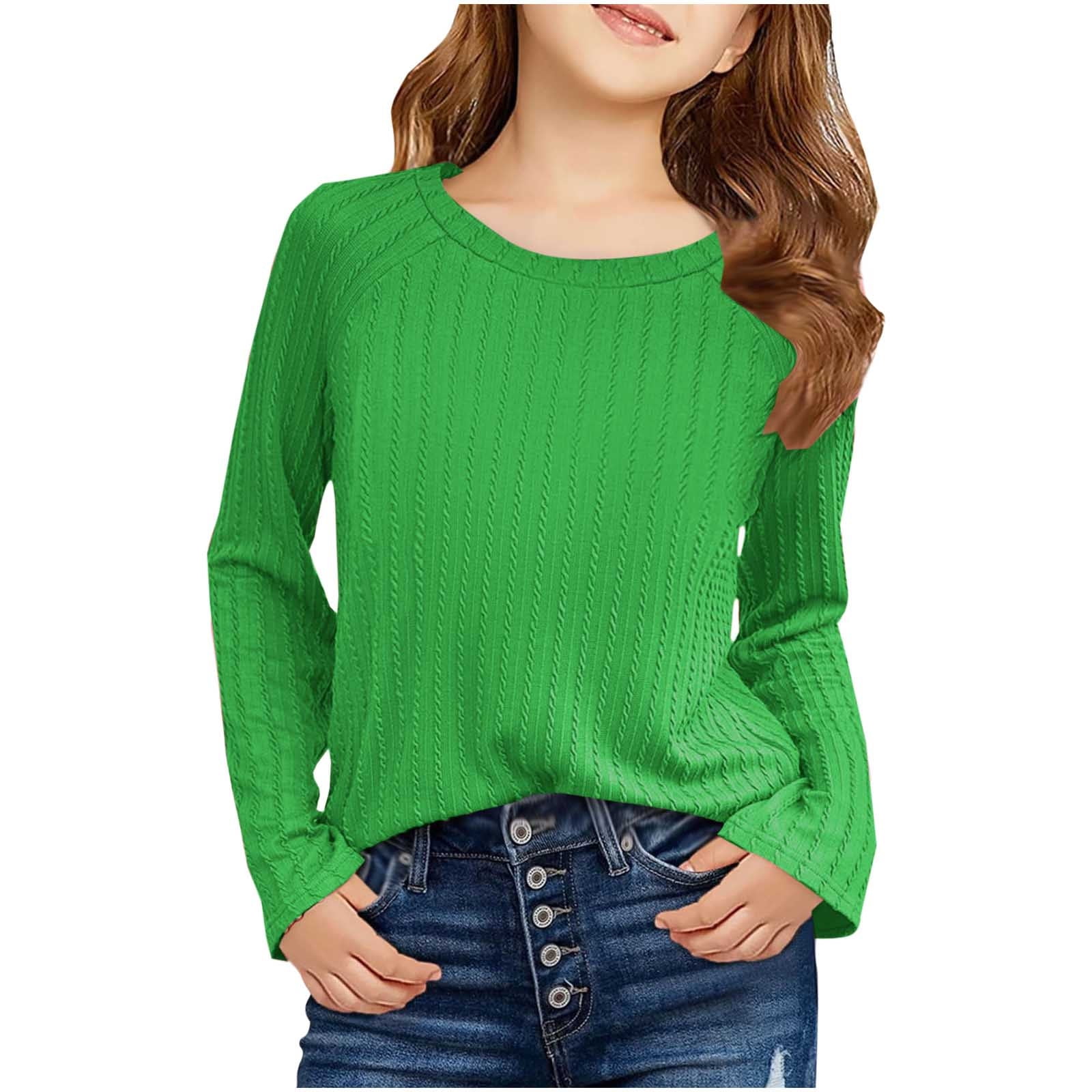 Ltctricy Girls' T-Shirts Long Sleeve Crew Neck Solid Color Textured Tee ...