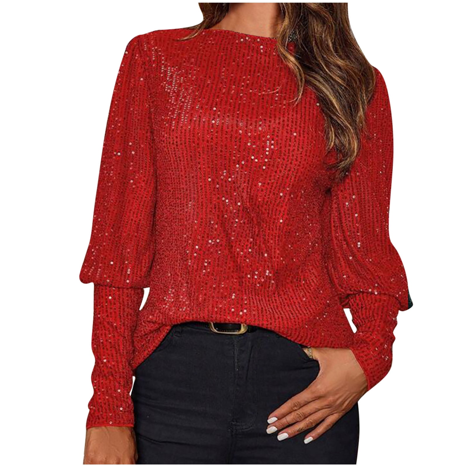 Ltctricy Sequin Top for Women Sparkly Boat Neck Lantern Long Sleeve ...