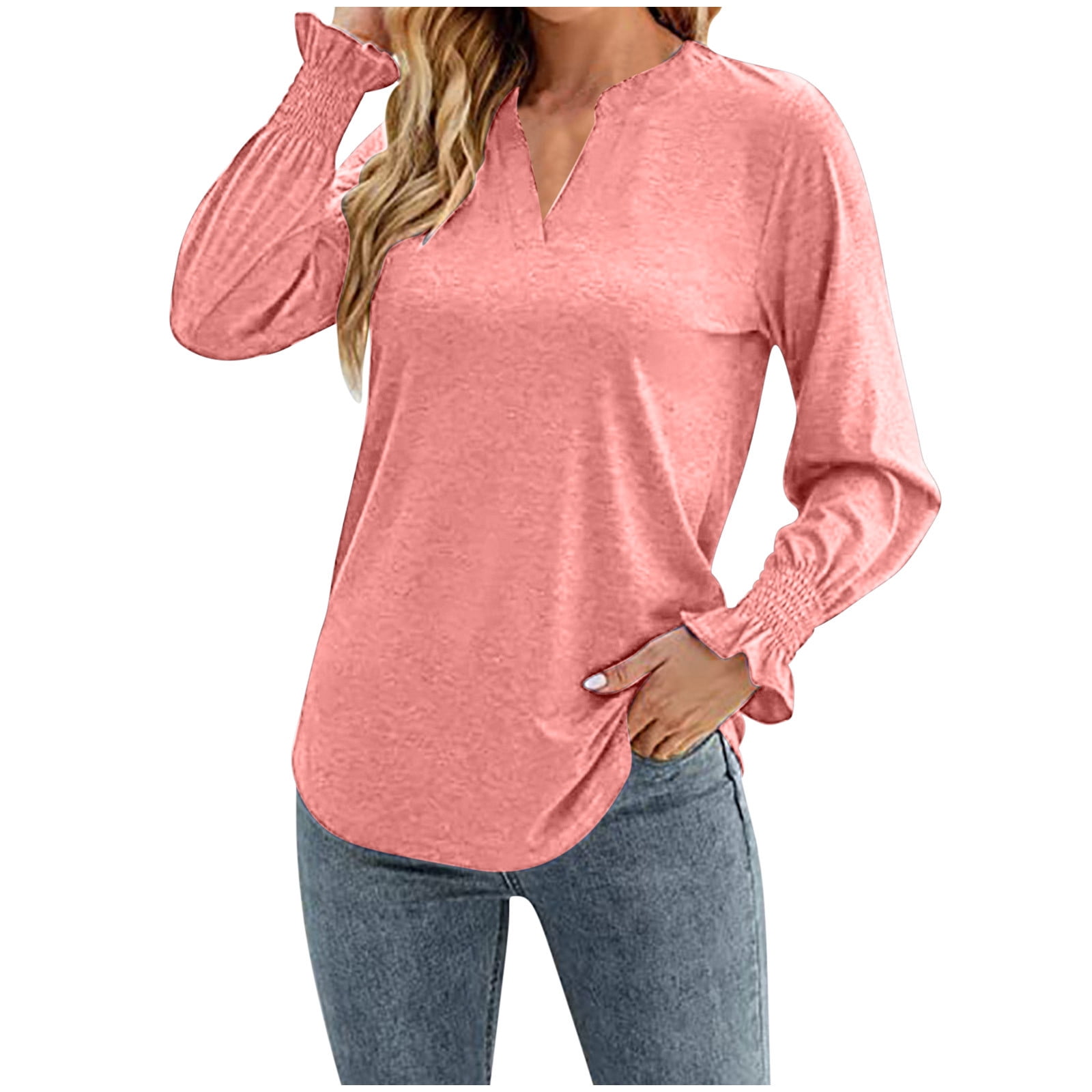 Ltctricy Women Casual Shirts Loose Puff Long Sleeve V Neck Comfy Tops ...