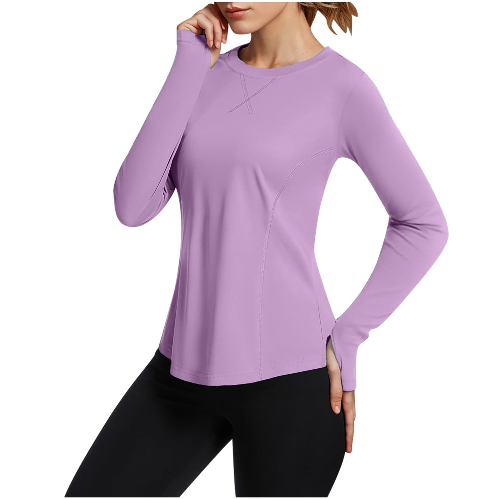 Ltctricy Women's Long Sleeve Tops Trendy Crew Neck Curved Hem Athletic ...