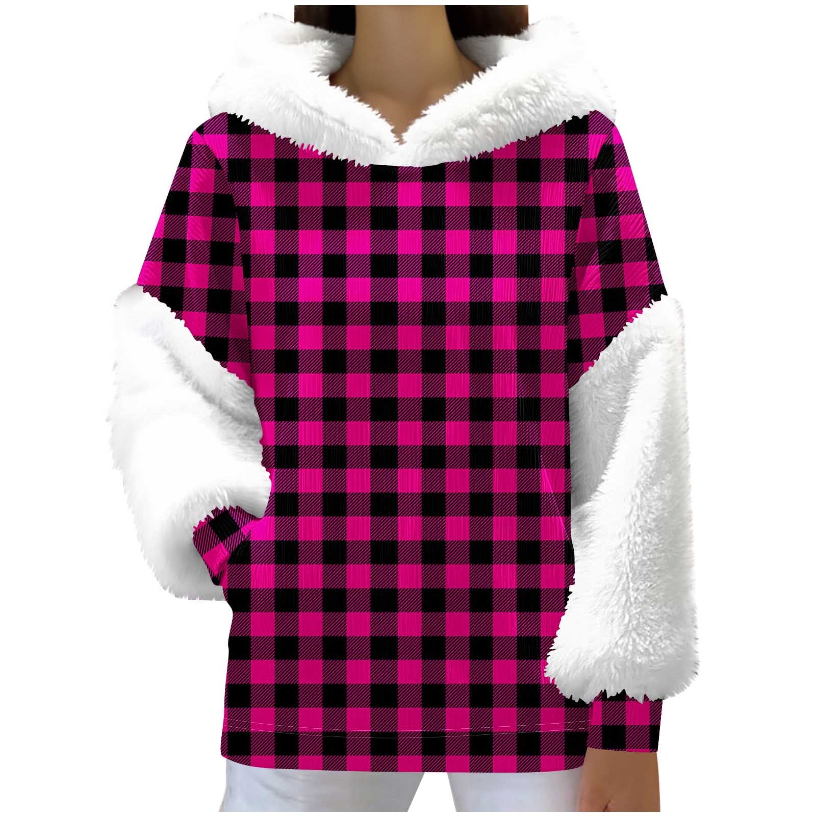 Ltctricy Women's Plaid Hoodies Fuzzy Fleece Long Sleeve Color Block ...