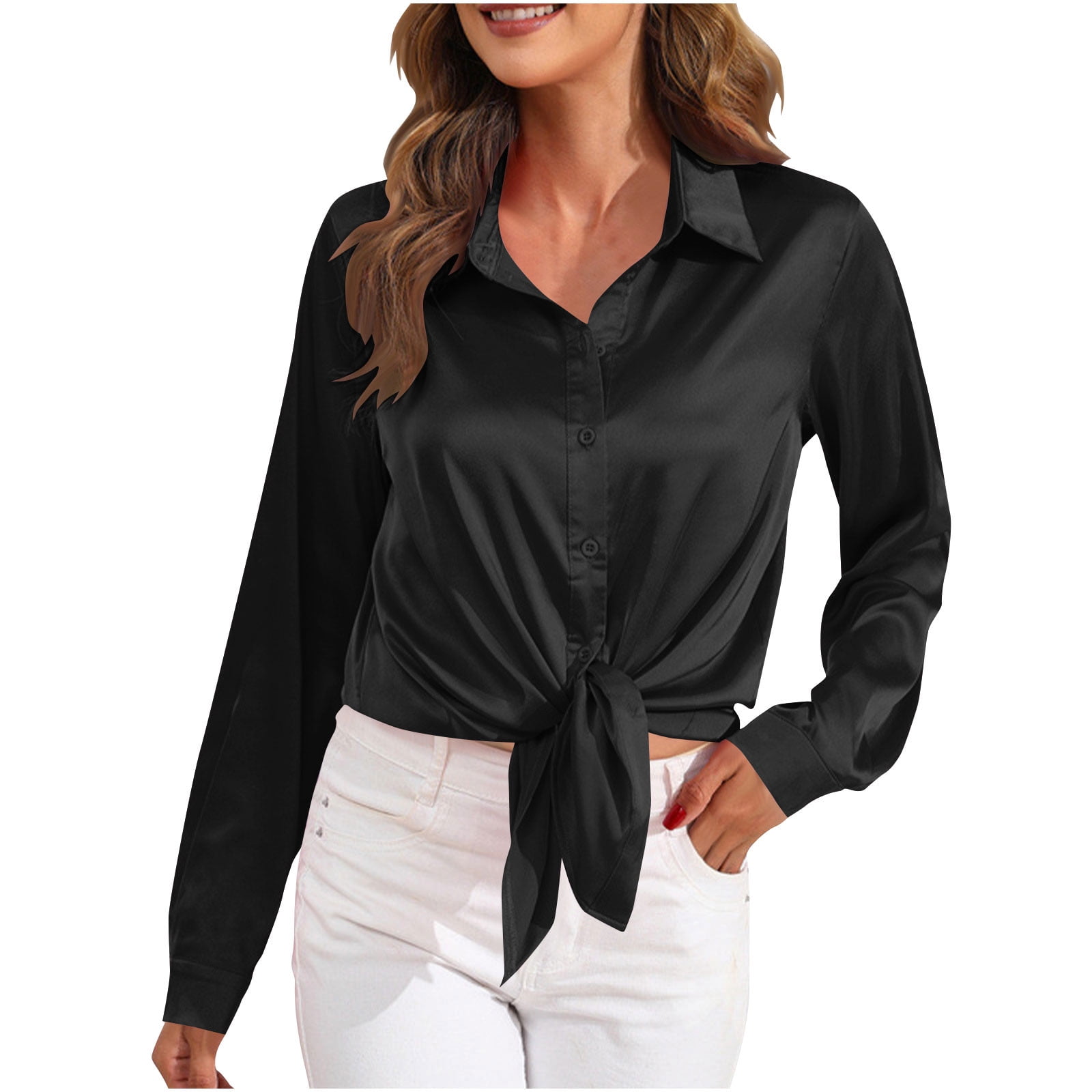 Ltctricy Women's Satin Blouses Long Sleeve Collared Tie Front Button ...