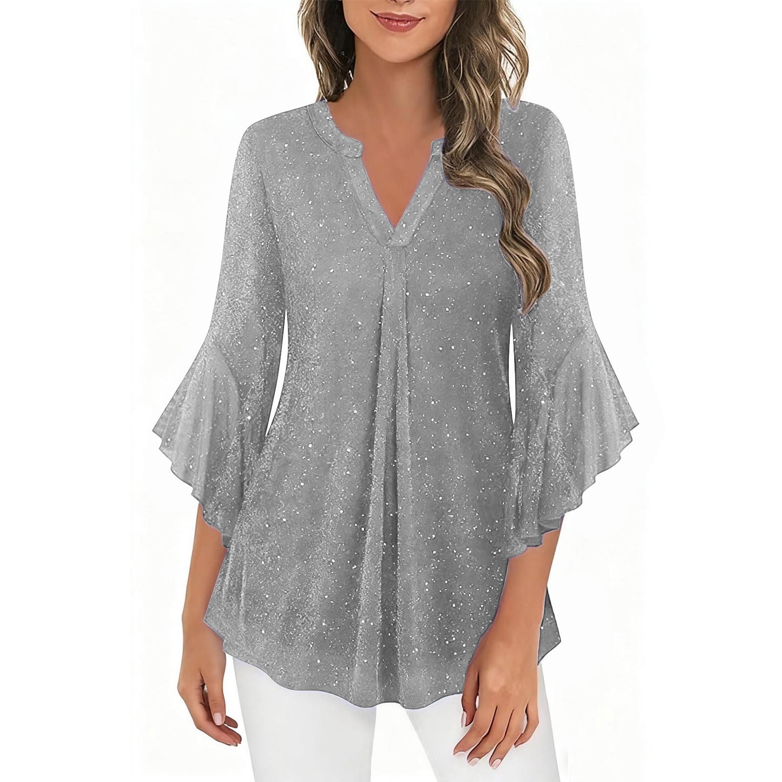 Ltctricy Women's Sequin Tunic Tops 3/4 Bell Sleeve V Neck Ruffle Hem ...