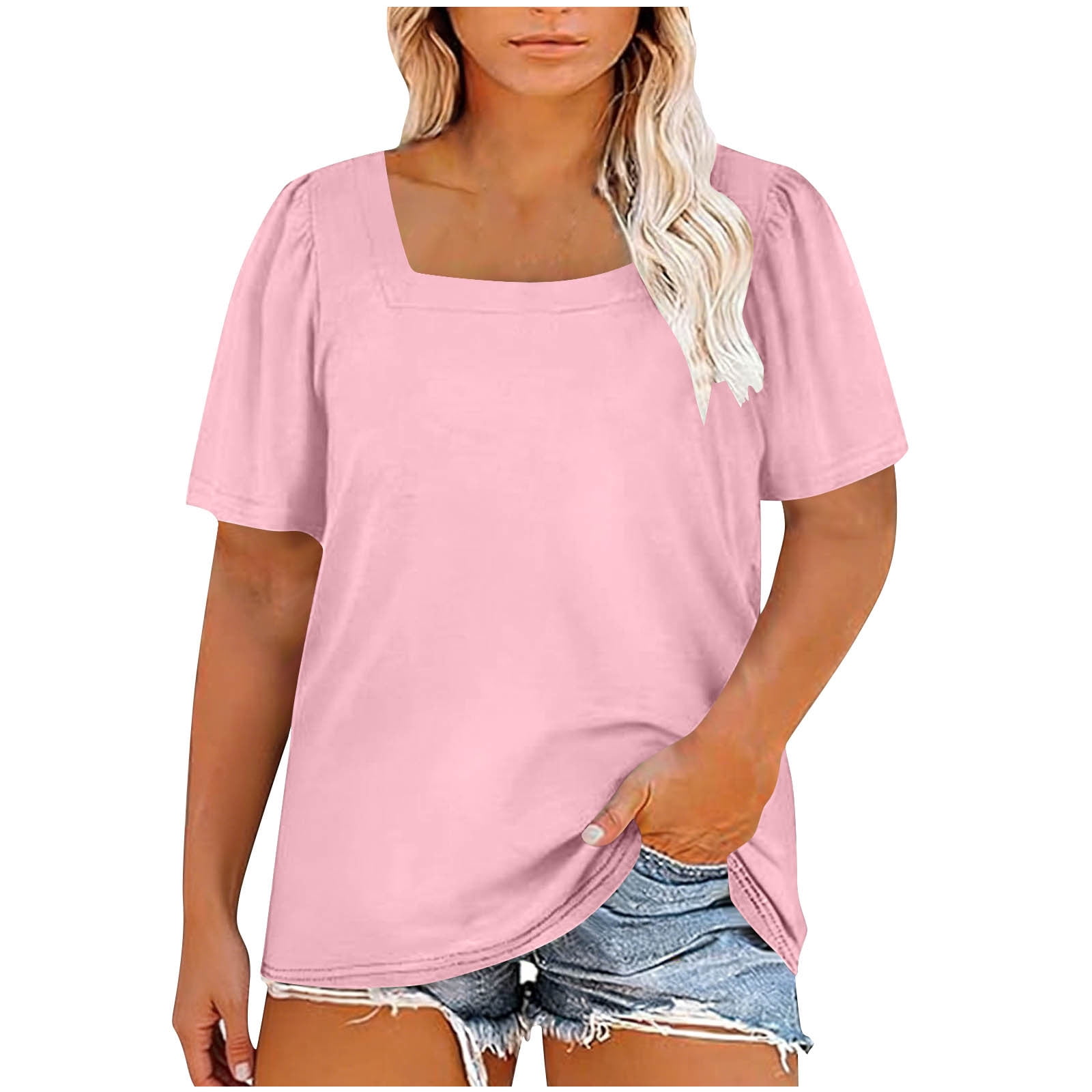 Ltctricy Women's Square Neck Short Sleeve Tops Casual Loose Fit T ...