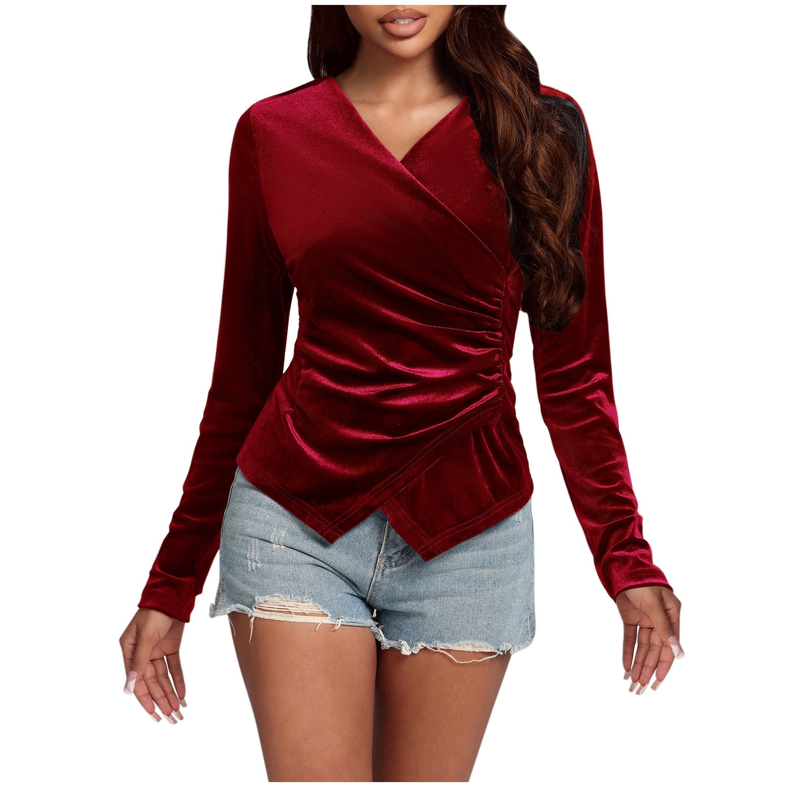 Ltctricy Womens Velvet Tops Elegant Long Sleeve Ruched Going Out Shirts ...