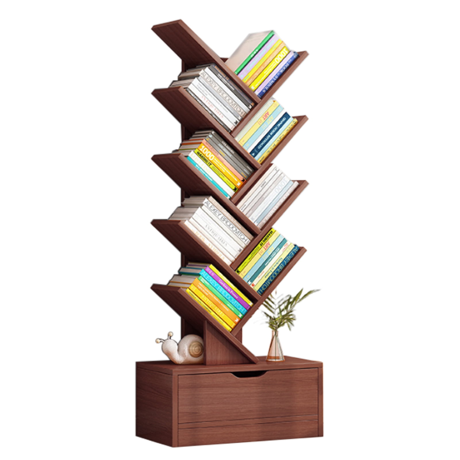 Ltoshu 9 Tiers Tree Bookshelf with Drawer, Modern Rustic Book Storage ...