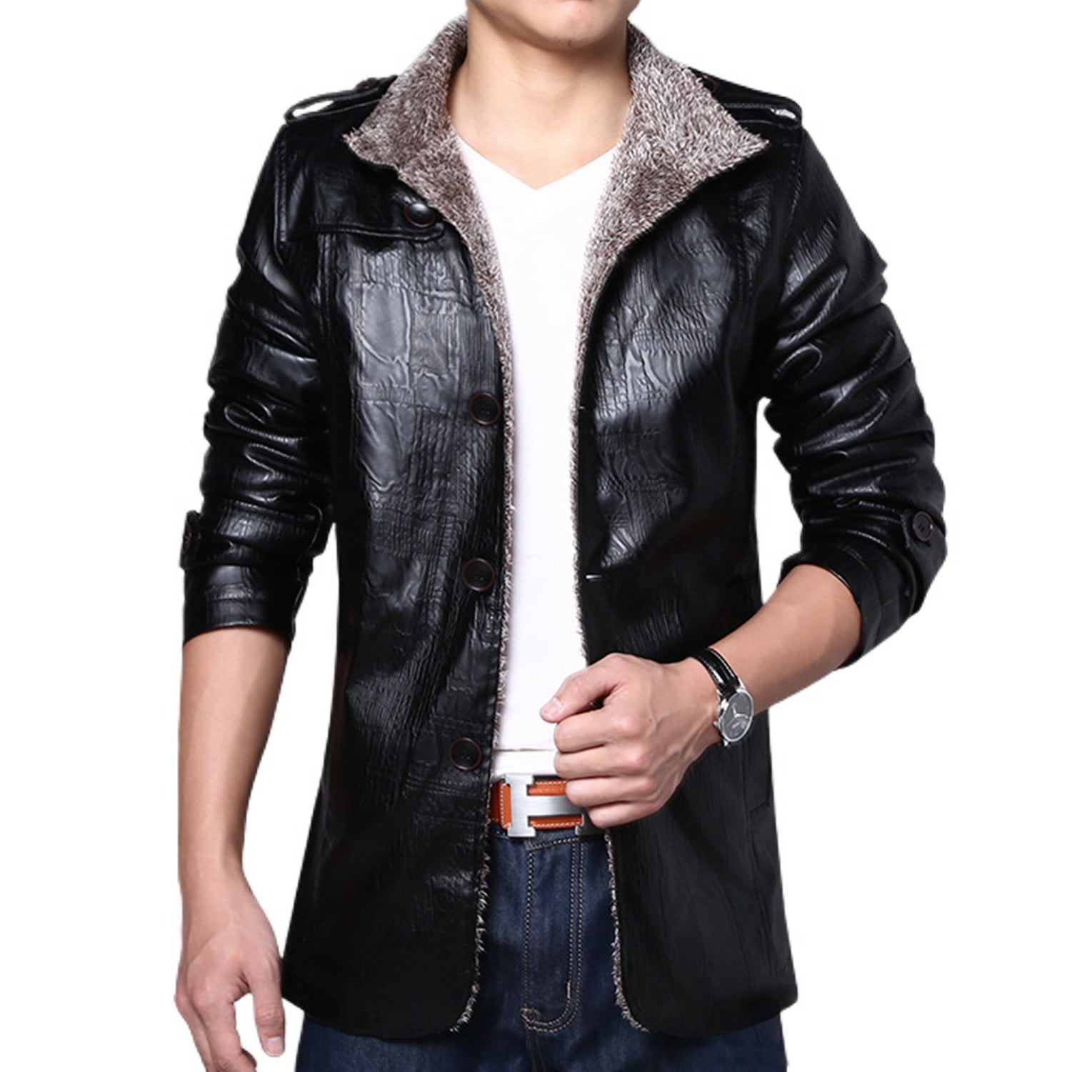 SWSMCLT Men's Faux Leather Jacket Casual Furry Single Breasted Jackets ...