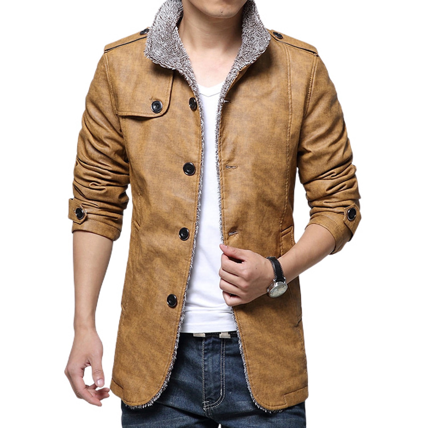 SWSMCLT Men's Faux Leather Jacket Casual Furry Single Breasted Jackets ...