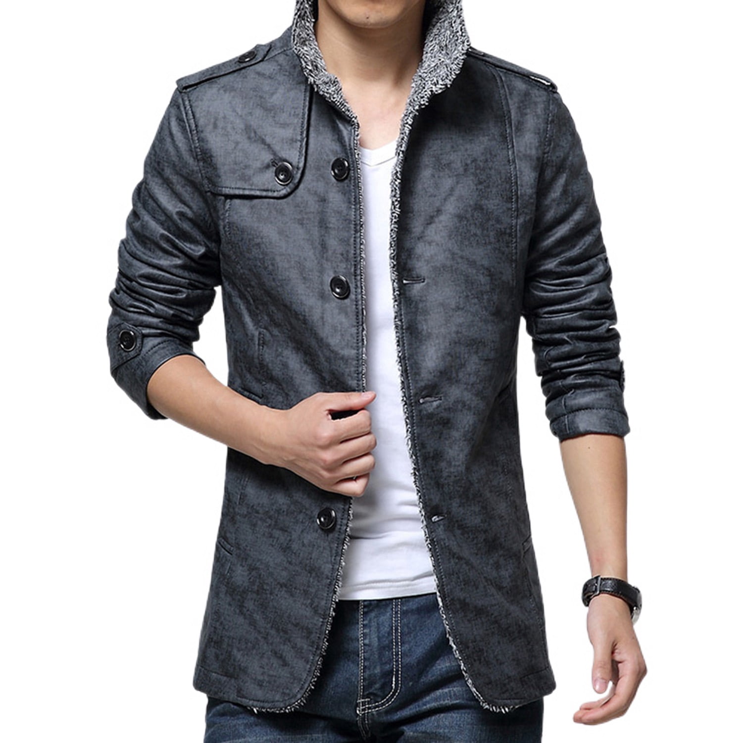 SWSMCLT Men's Faux Leather Jacket Casual Furry Single Breasted Jackets ...