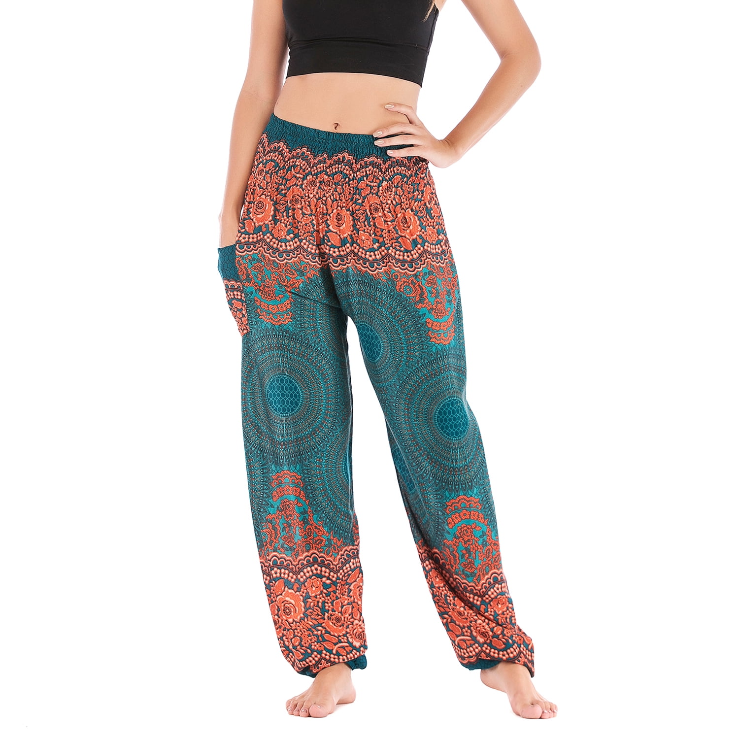 Lu's Chic Women's Boho Pants Harem Smocked Waist Yoga Hippie Palazzo ...