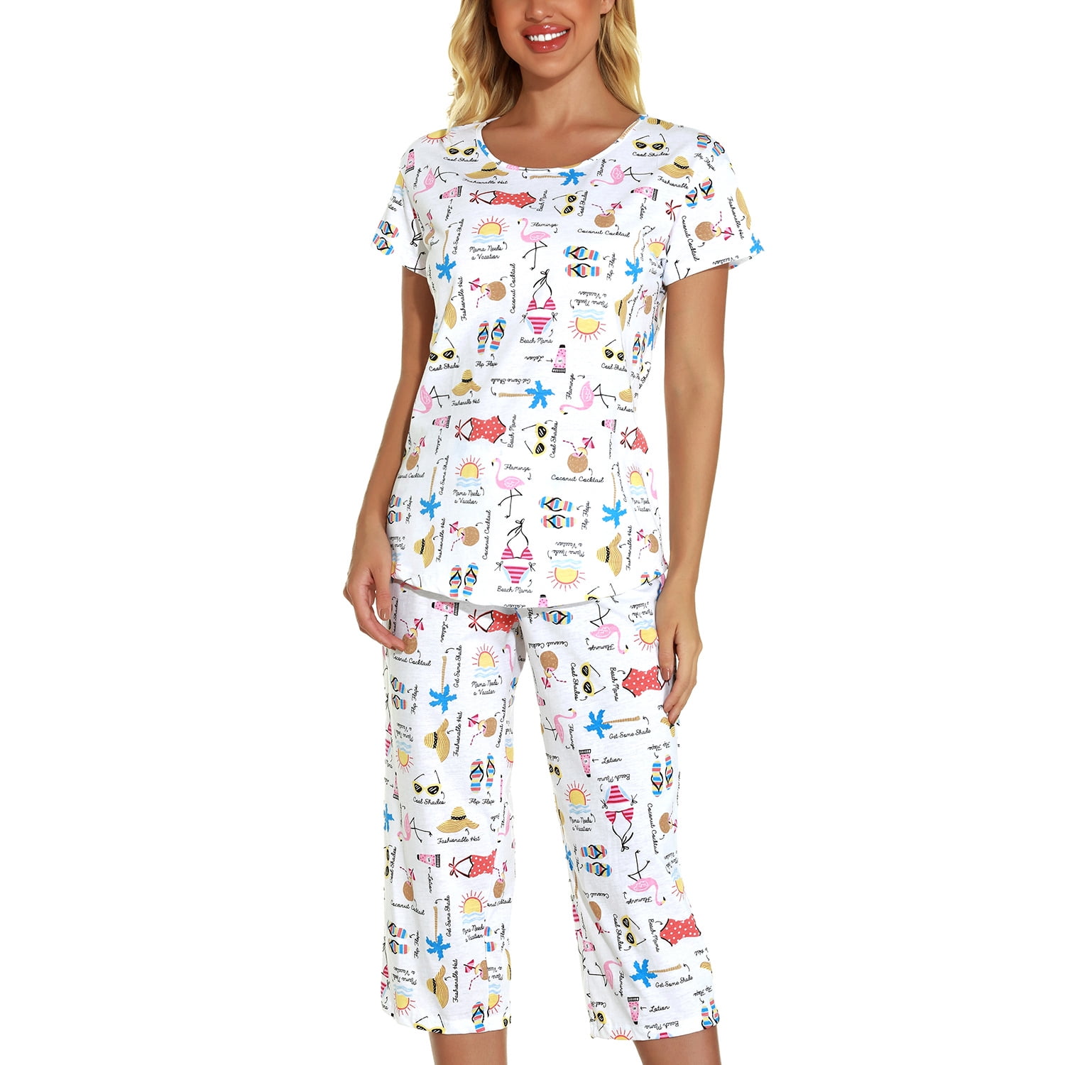 Defitshape Womens Cute Pajama Set Cotton Capri Loungewear Soft Short