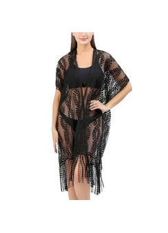 LEZMORE Women's Sheer Swim Cover Up, Long Mesh Lace Kimono Cardigan ...