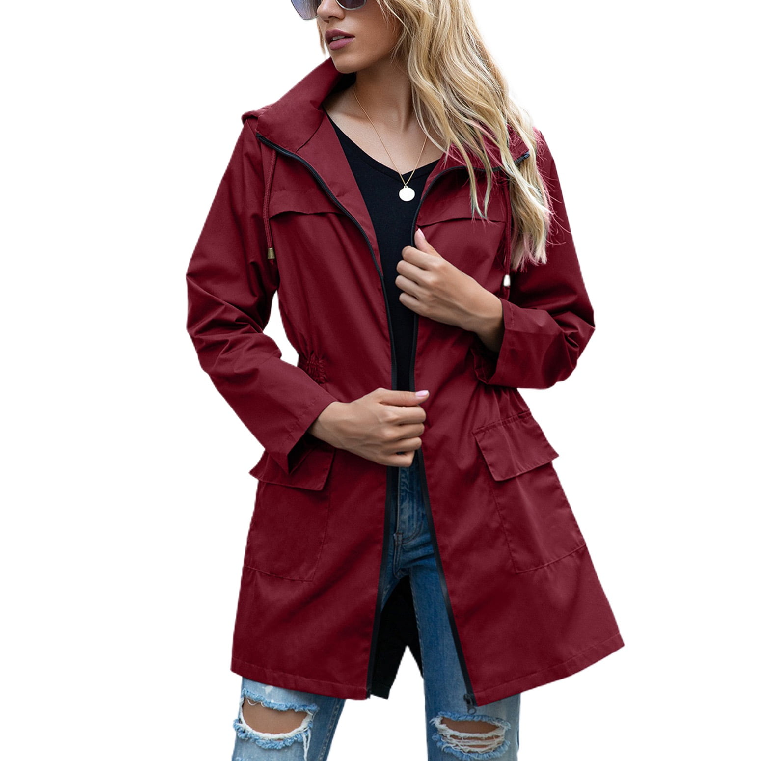 Defitshape Women's Long Sleeve Anorak Waterproof Raincoat Long High ...
