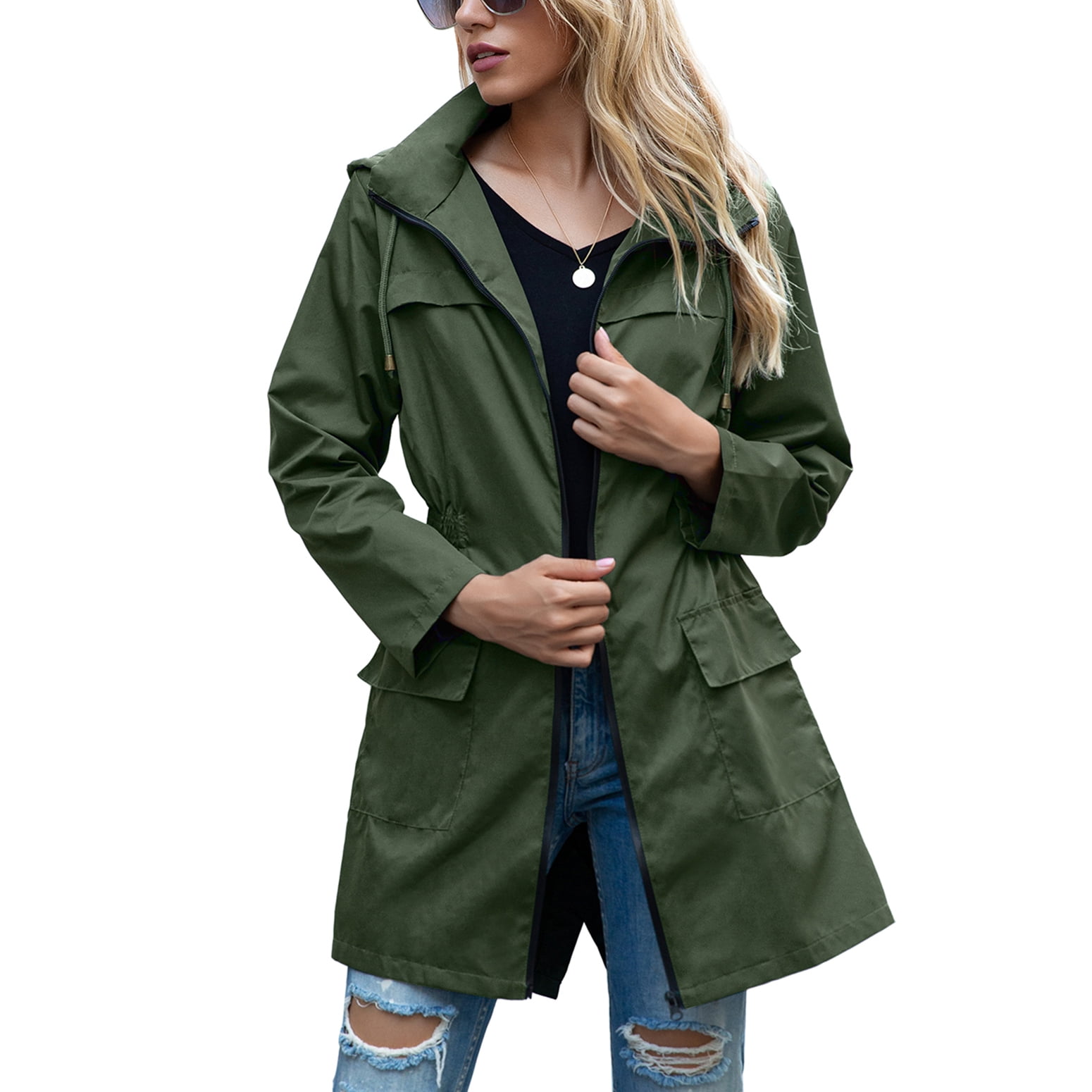 Defitshape Women's Long Sleeve Anorak Waterproof Raincoat Long High ...