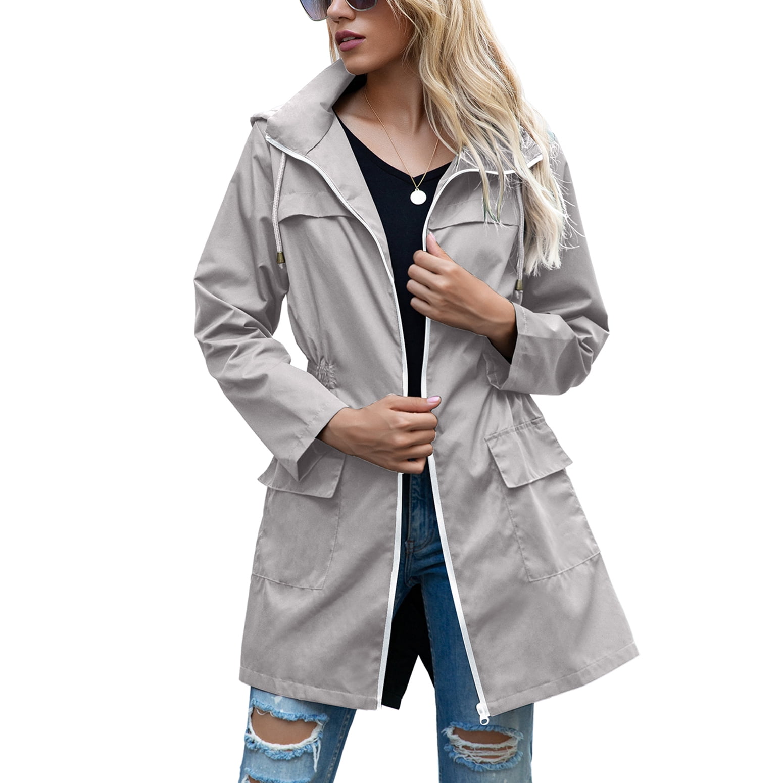 Defitshape Women's Long Sleeve Anorak Waterproof Raincoat Long High ...