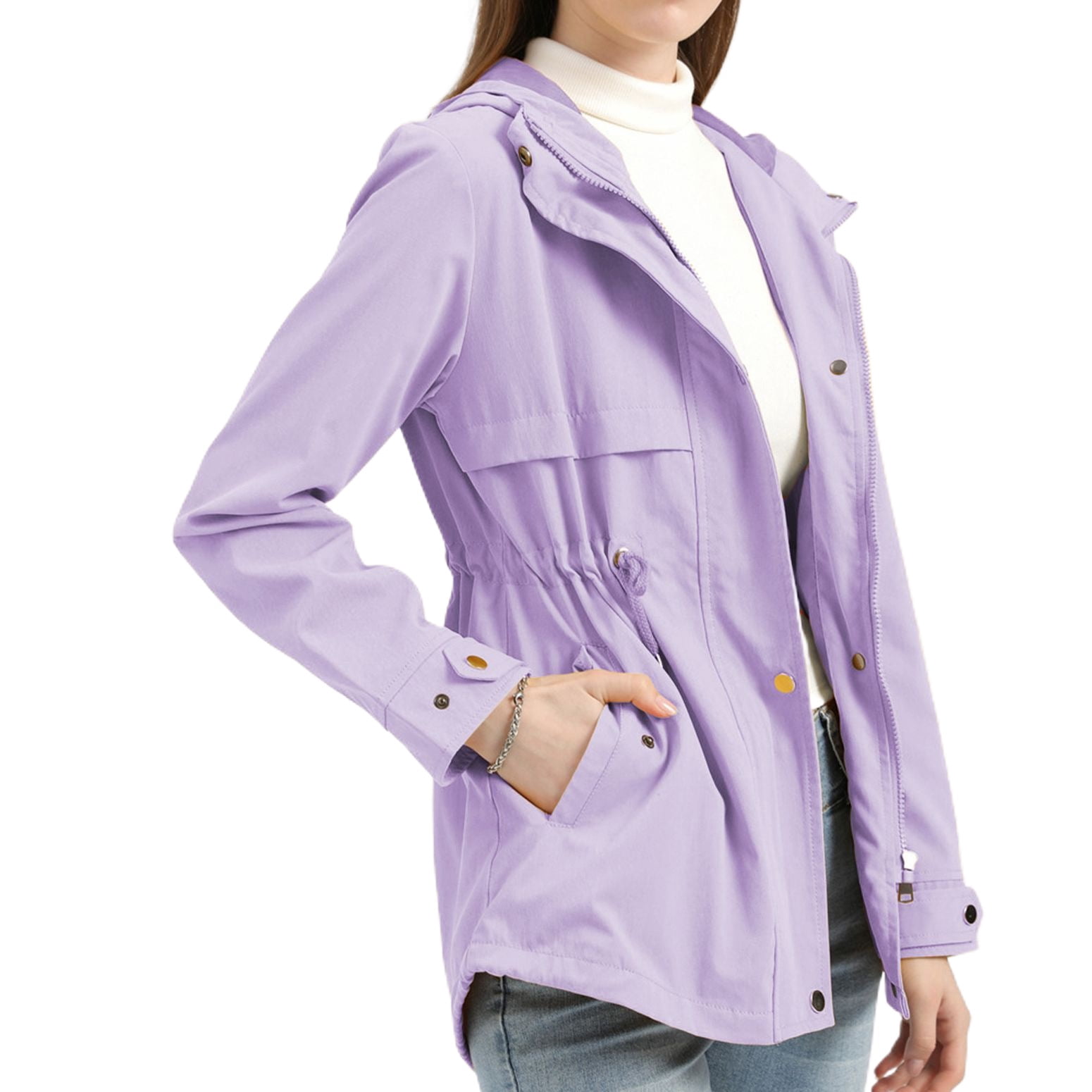 Defitshape Women's Long Sleeve Rain Jacket Soft Trench Coat Waterproof ...