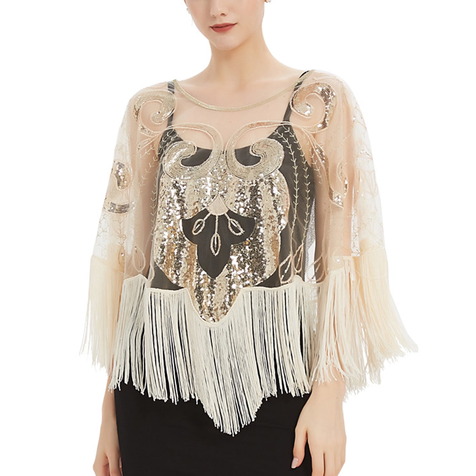 Defitshape Women's Poncho Capelet Sequin Cape Shrug Tulle Boat Neck ...