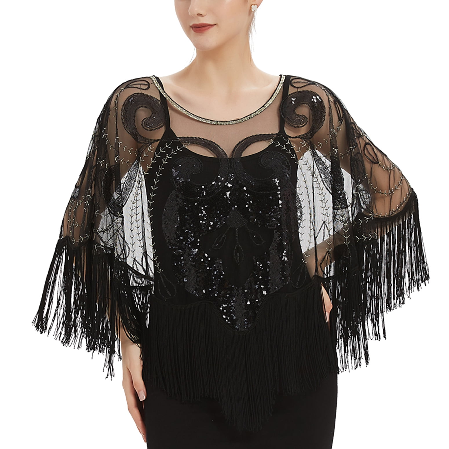 Defitshape Women's Poncho Capelet Sequin Cape Shrug Tulle Boat Neck ...