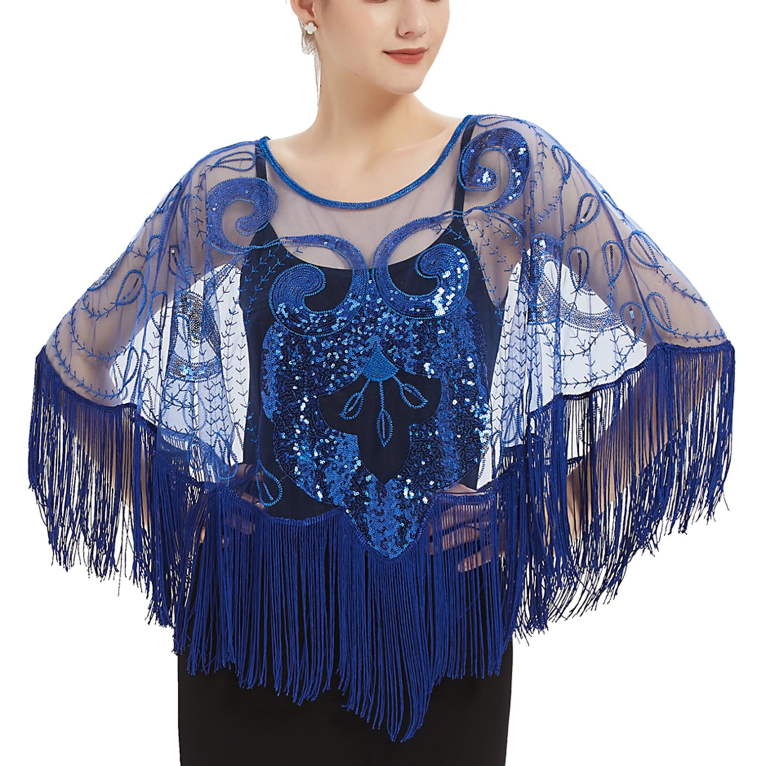Defitshape Women's Poncho Capelet Sequin Cape Shrug Tulle Boat Neck ...