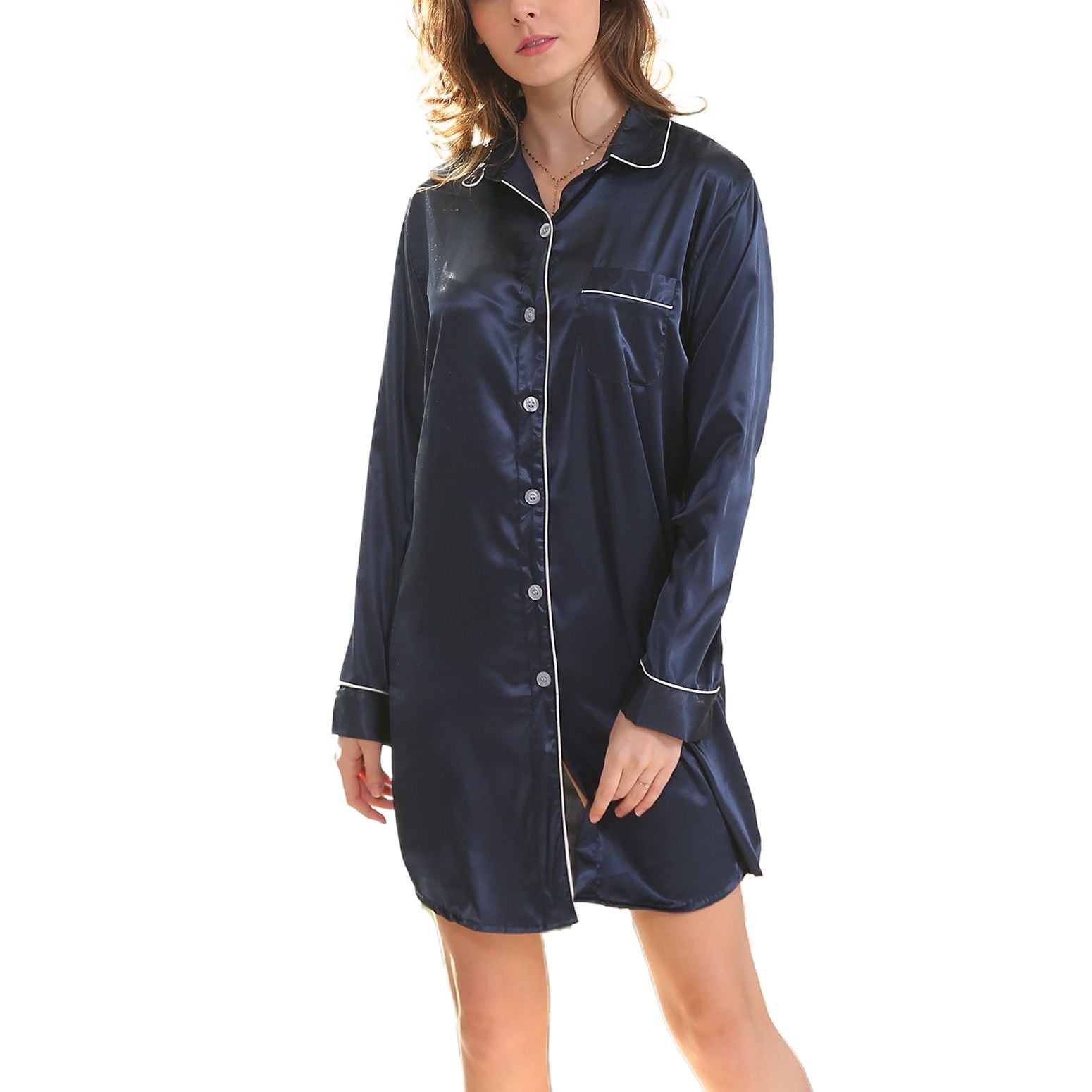 Defitshape Women's Satin Nightgown Soft Button Down Silky Long Sleeve ...