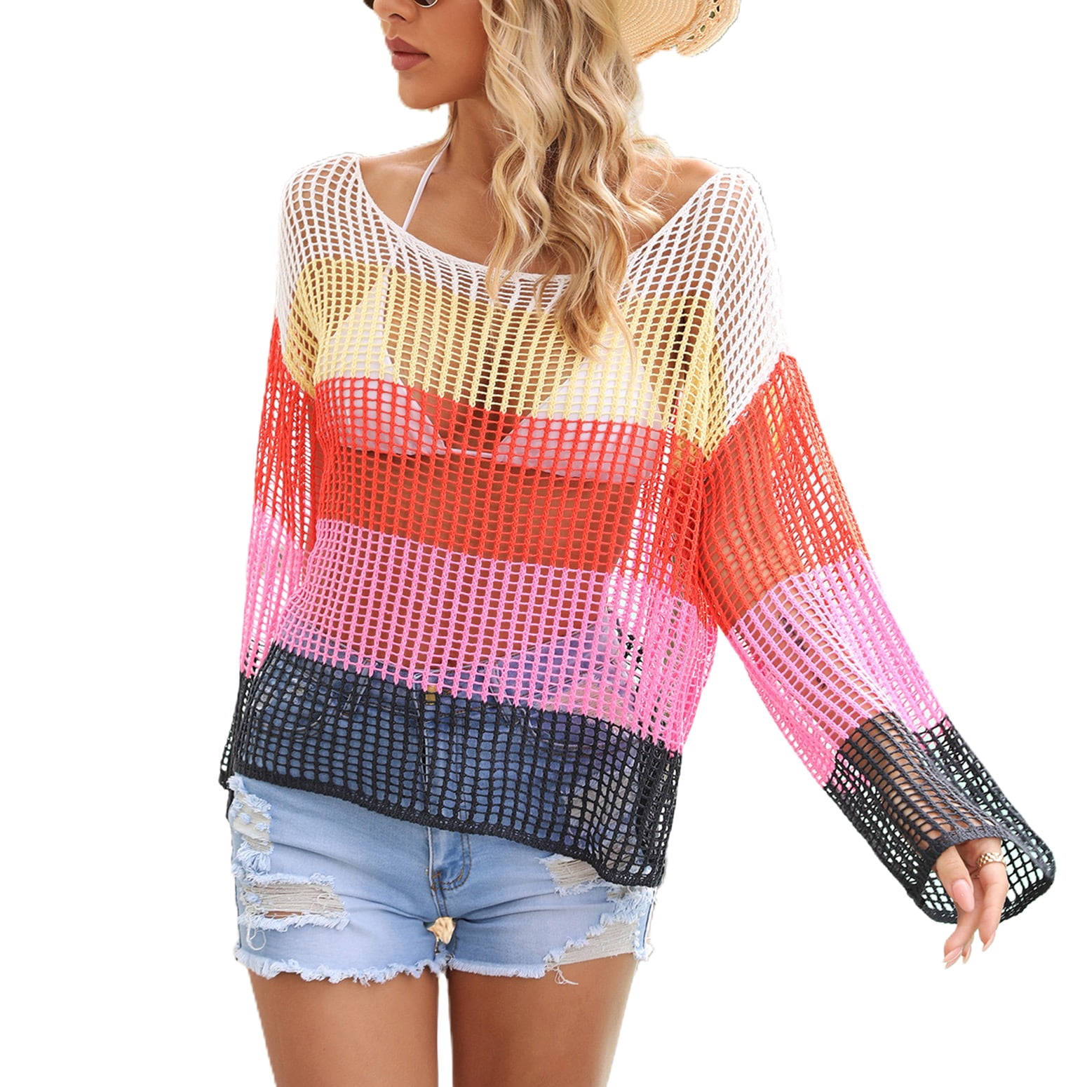 Lu's Chic Women's Swim Cover Up Long Sleeve Tops Knit Sexy Crochet ...