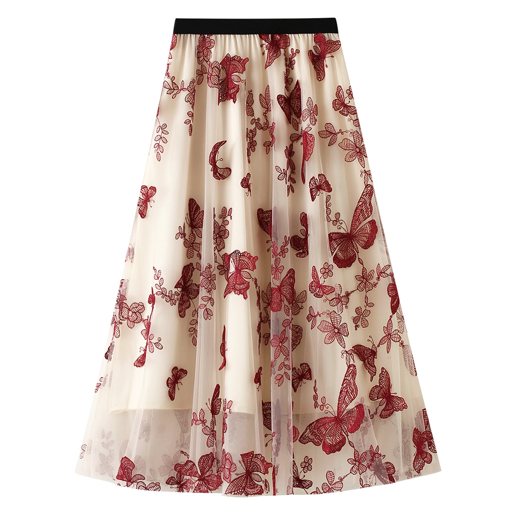 Lu's Chic Women's Tulle Midi Skirt Pleated Summer Floral Elastic Waist ...