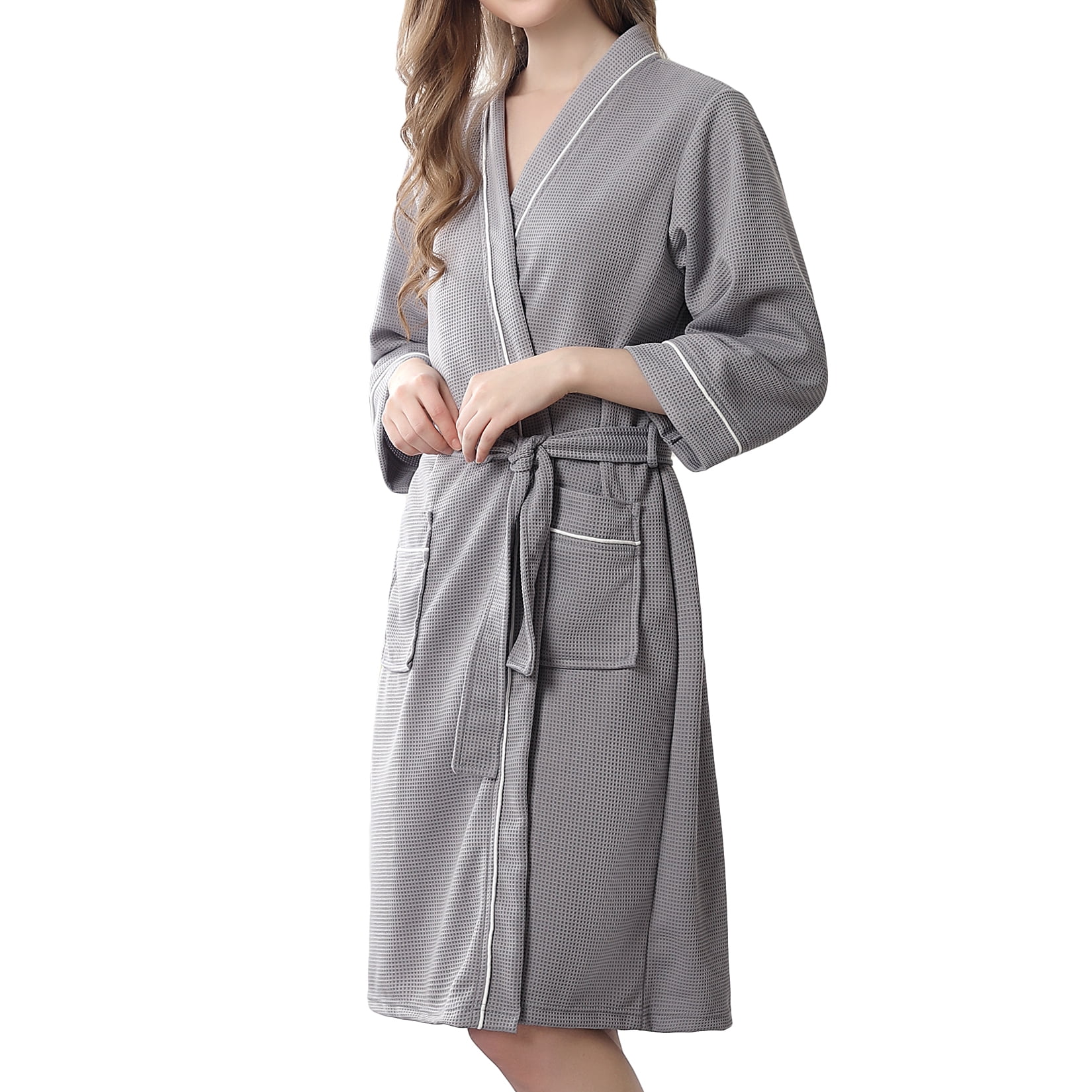 Defitshape Women's Waffle Robe Lightweight 3/4 Sleeve Solid Plain Belt ...