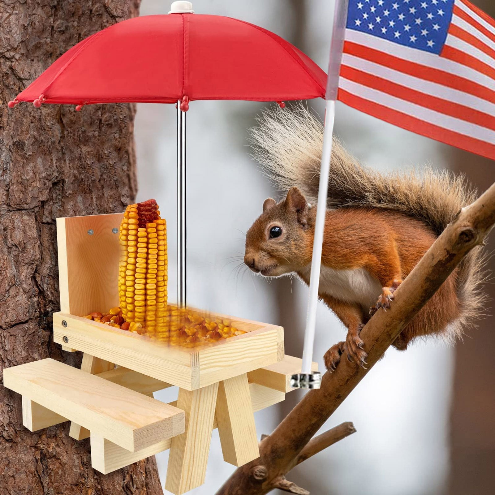 LuClweCe Bird Feeders,Squirrel Feeder Table With Umbrella Wooden Squirrel Feeder Durable ...