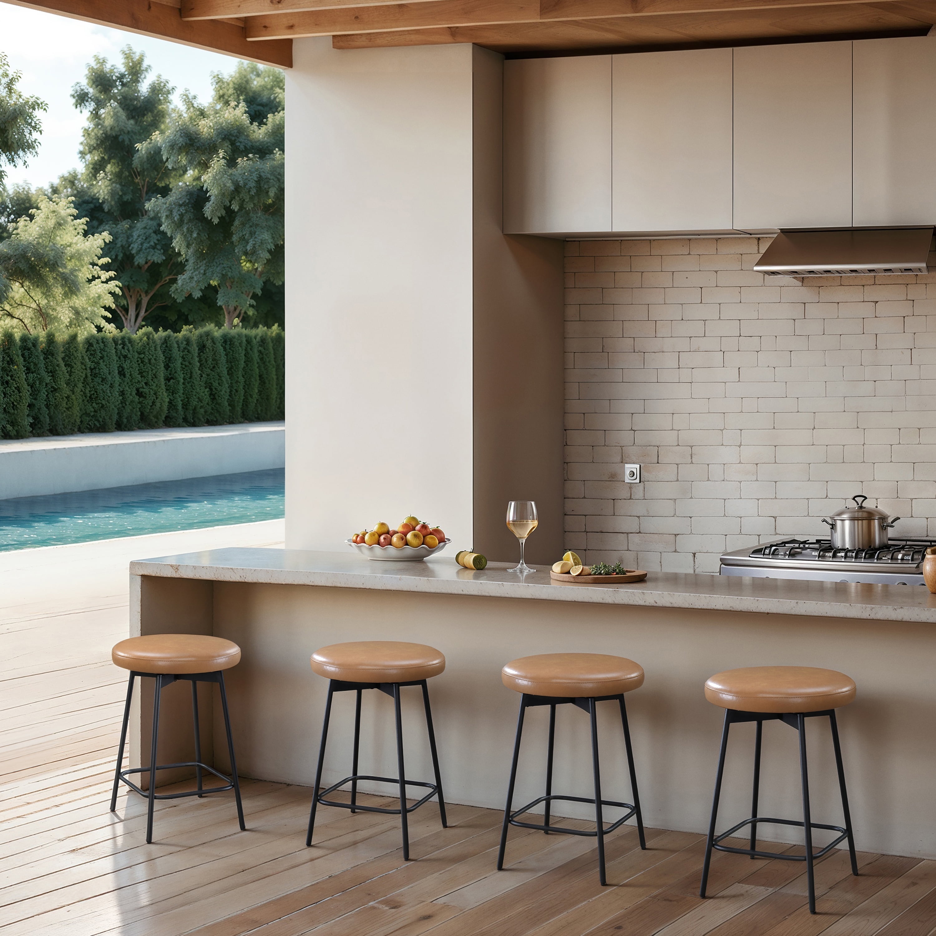 LuXeo Doheny 24" Wood Swivel Barstool w/ Upholstered Seat in Tan, Set ...