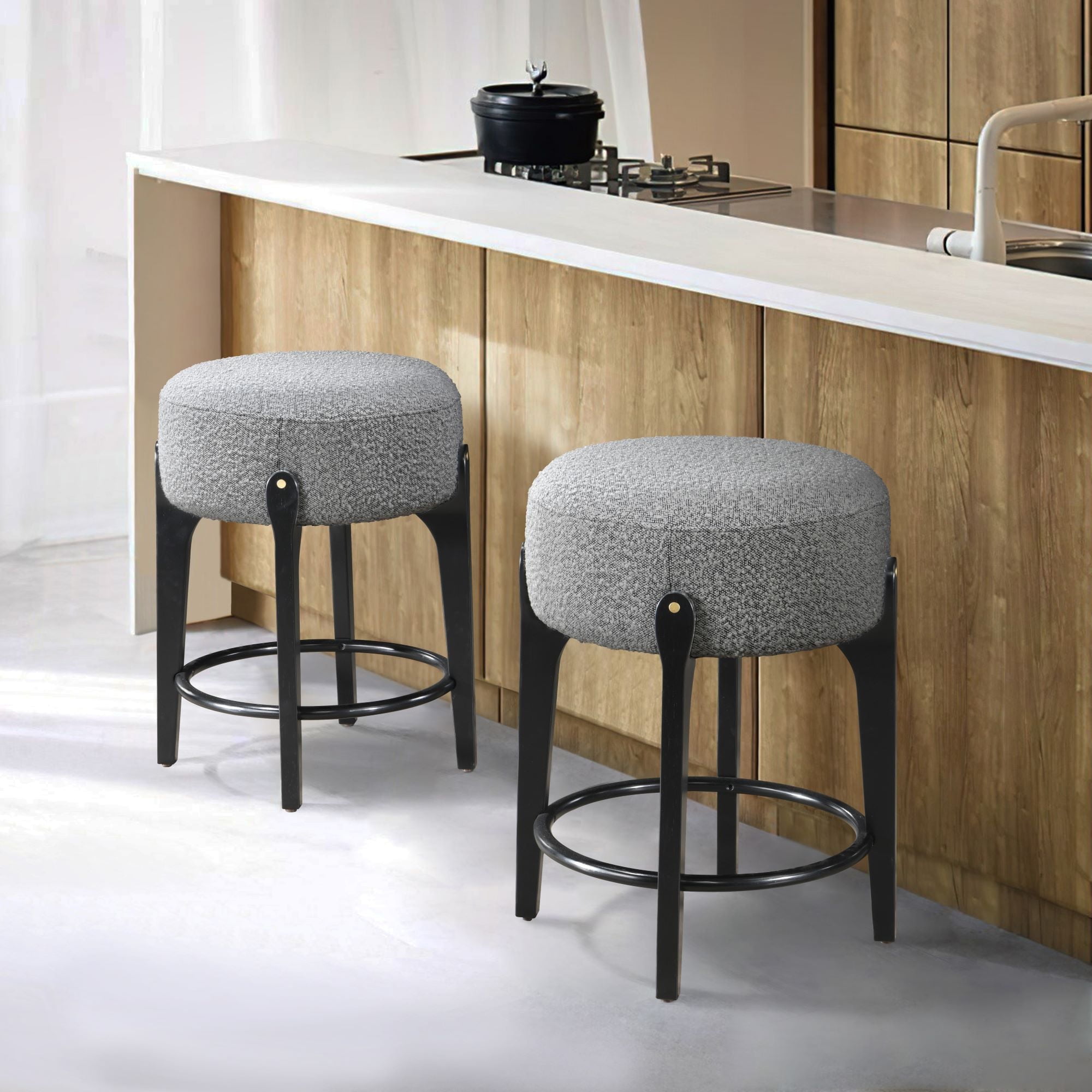 LuXeo Ellie 24 in. Black Backless Wood Counter Stools with Gray Boucle ...