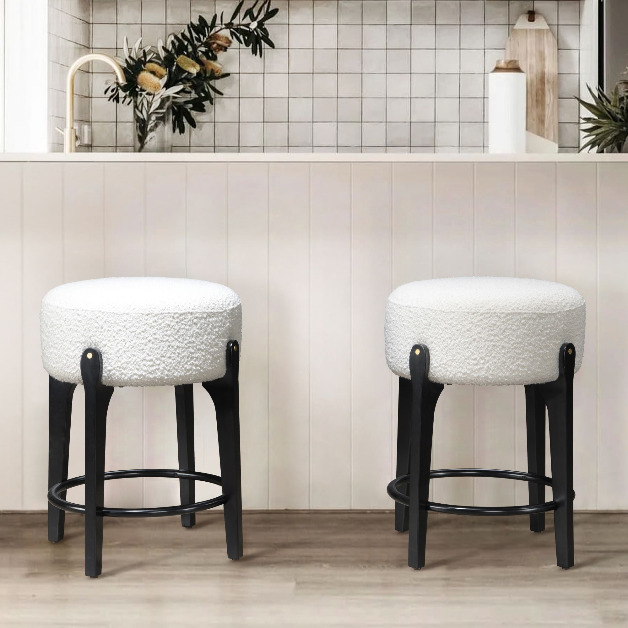LuXeo Ellie 24 in. Black Backless Wood Counter Stools with White Boucle ...