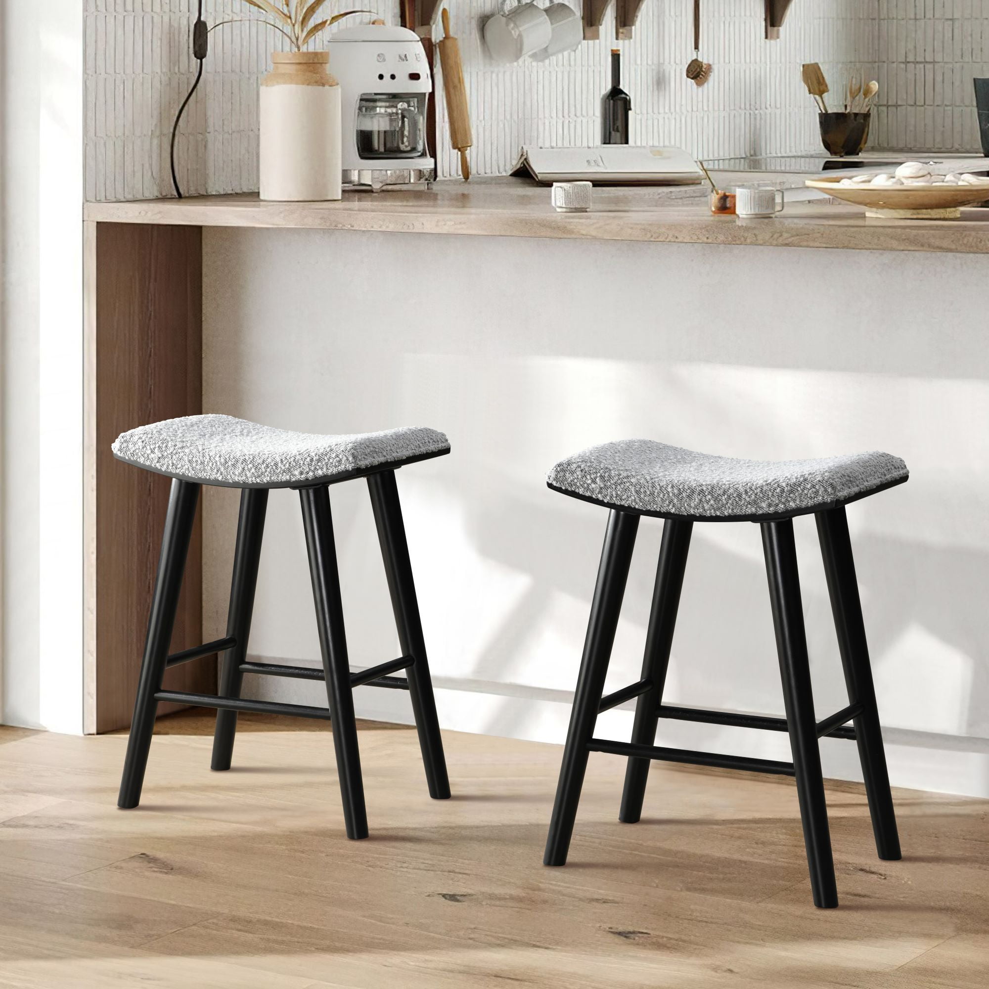 LuXeo 24 Black Backless Wood Saddle Counter Stools with Gray Boucle ...