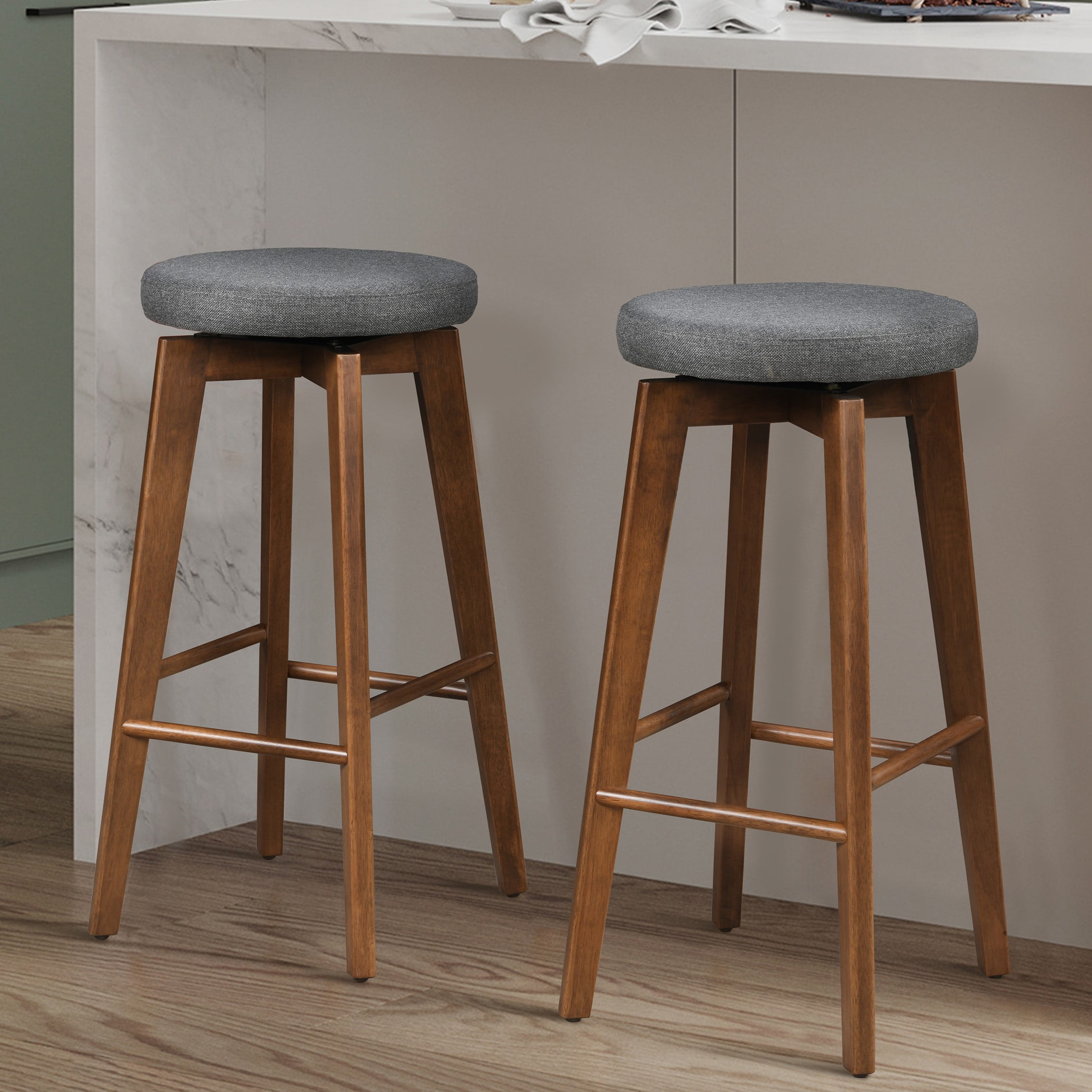 LuXeo Serena 24" Barstool Walnut Legs with Gray Fabric Upholstered Seat ...