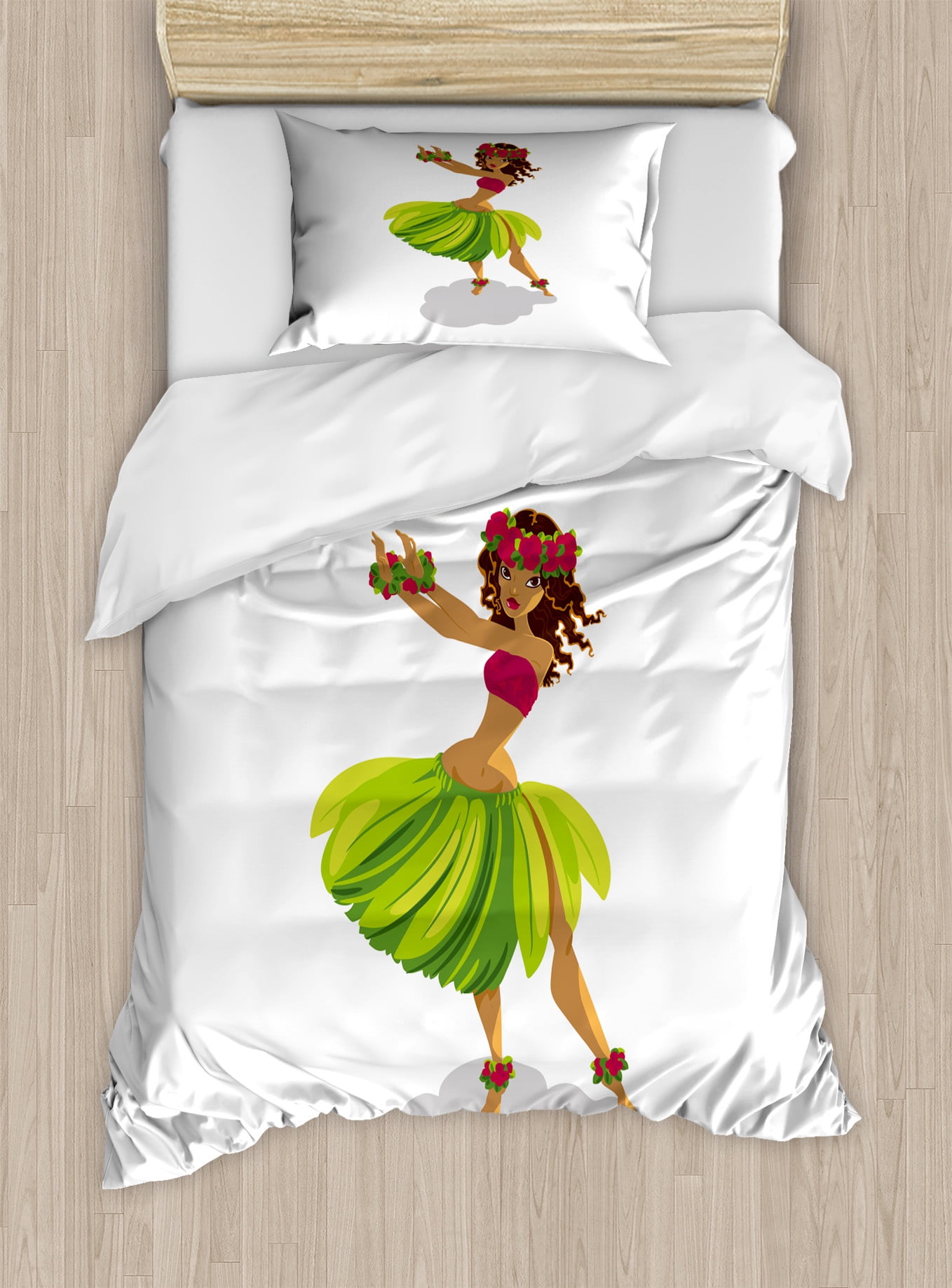 Luau Duvet Cover Set, Graphic of a Hula Dancer Girl Dancing with Aloha ...
