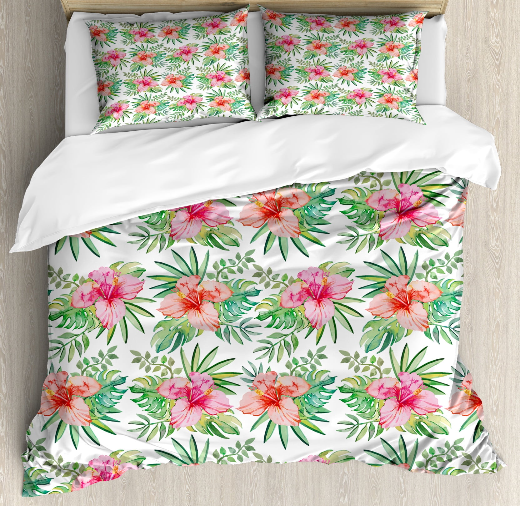 Luau Duvet Cover Set, Print of Hawaiian Hibiscus Monstera Palm Leaves ...