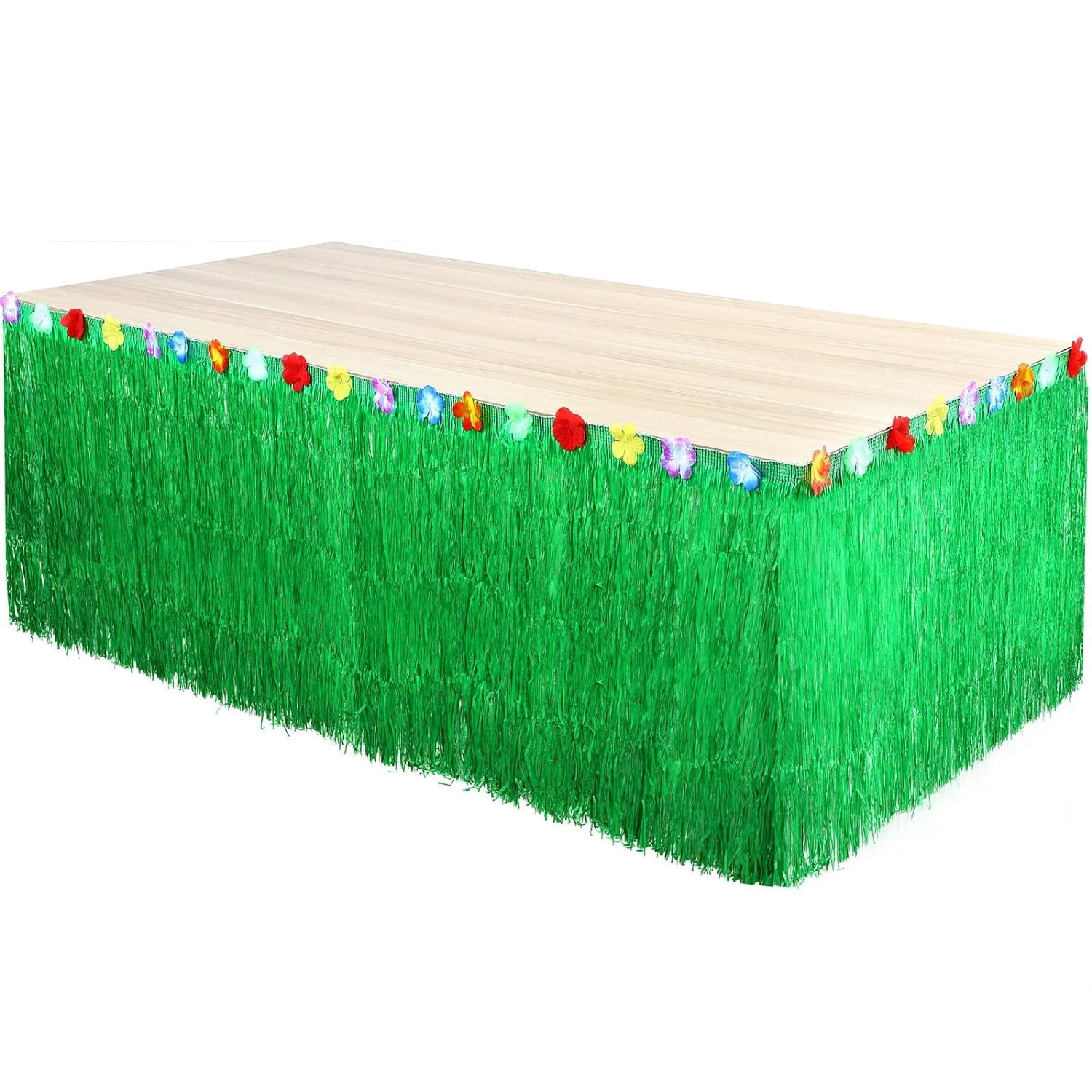 Luau Grass Table Skirt with Flowers, 9Ft x 29.5Inch Straw Green Fake ...