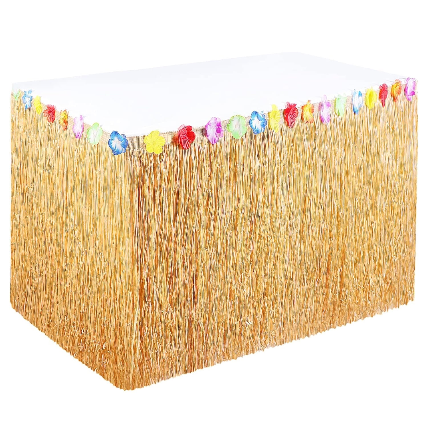 Luau Grass Table Skirt with Flowers, 9Ft x 29.5Inch Straw Yellow Fake ...