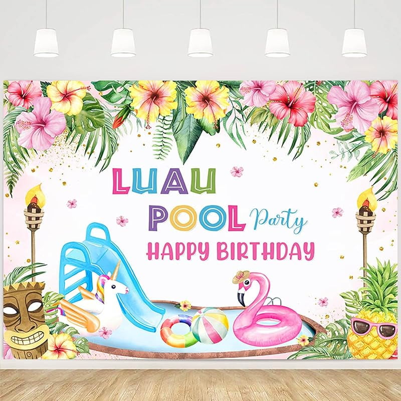 Luau Pool Party Backdrop Hawaiian Tropical Happy Birthday Photography ...