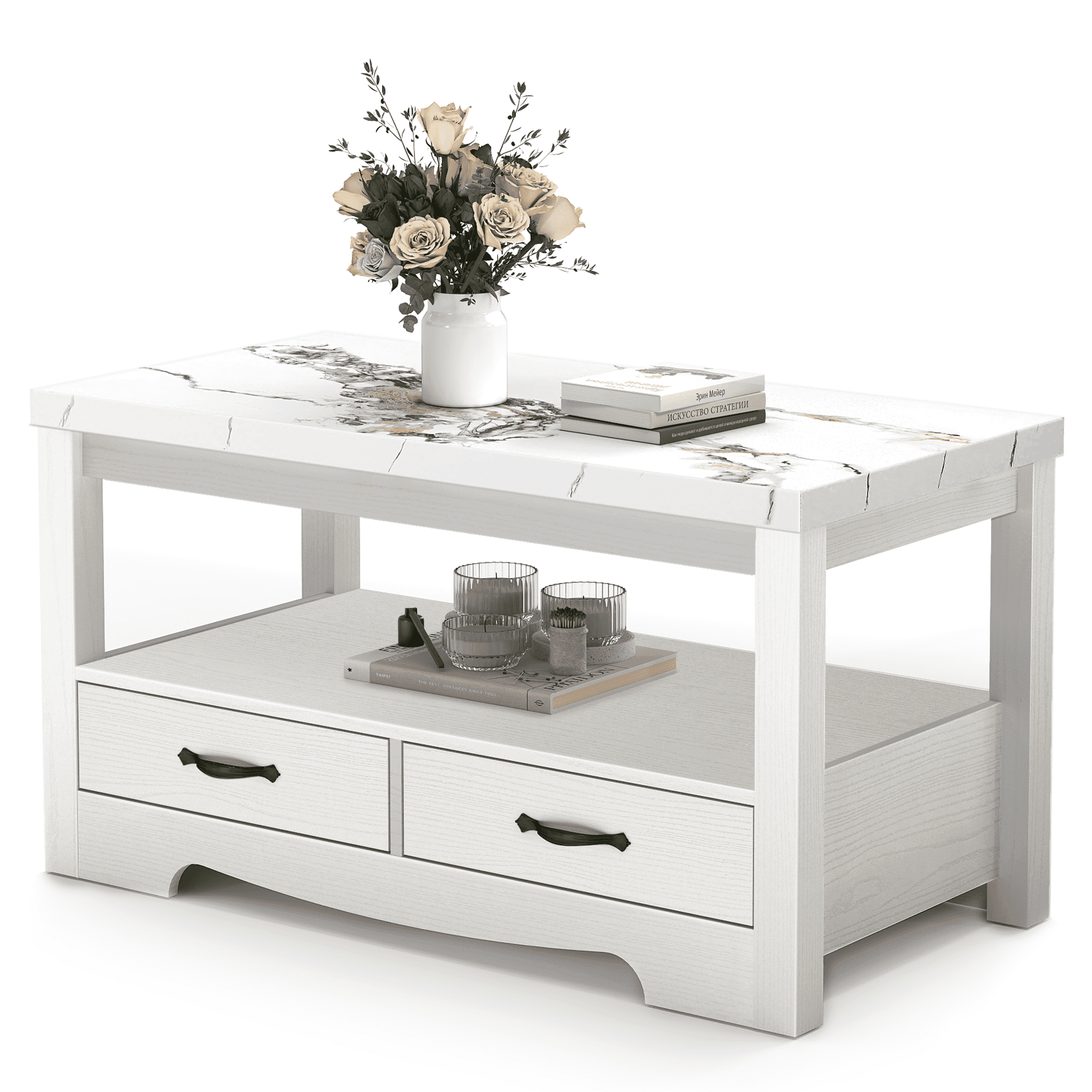 Luban Nese Coffee Table 40" Marble and White Oak 2-Tier Rectangle Thickened Wooden Center Table ...