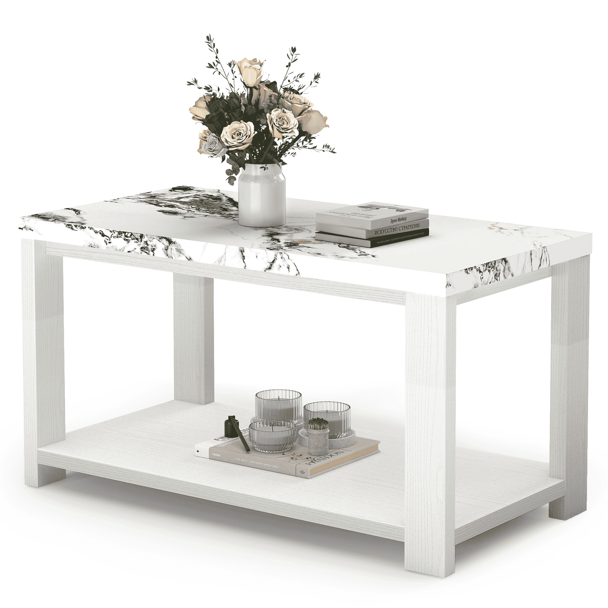 Luban Nese Coffee Table White Oak 2-Tier Rectangle Thickened Wooden ...