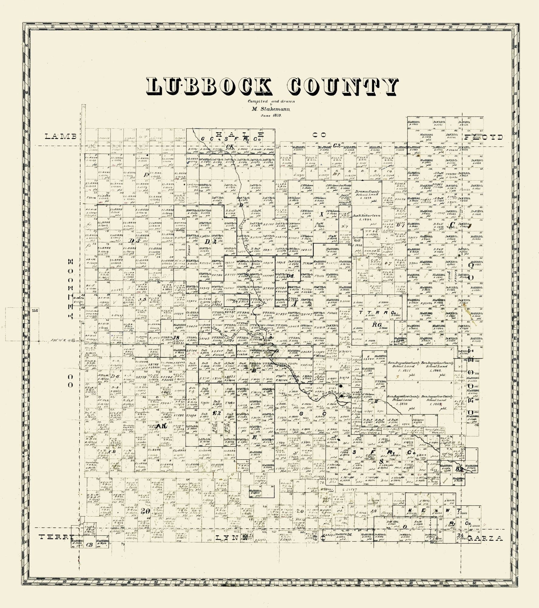 Historic County Map - Lubbock County Texas - Stakemann 1879 - 23 x 25. ...