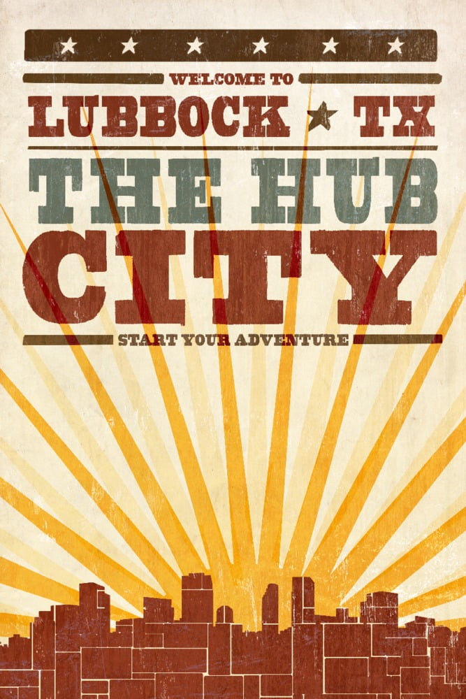 Lubbock, Texas, Skyline and Sunburst Screenprint Style (16x24 Giclee ...