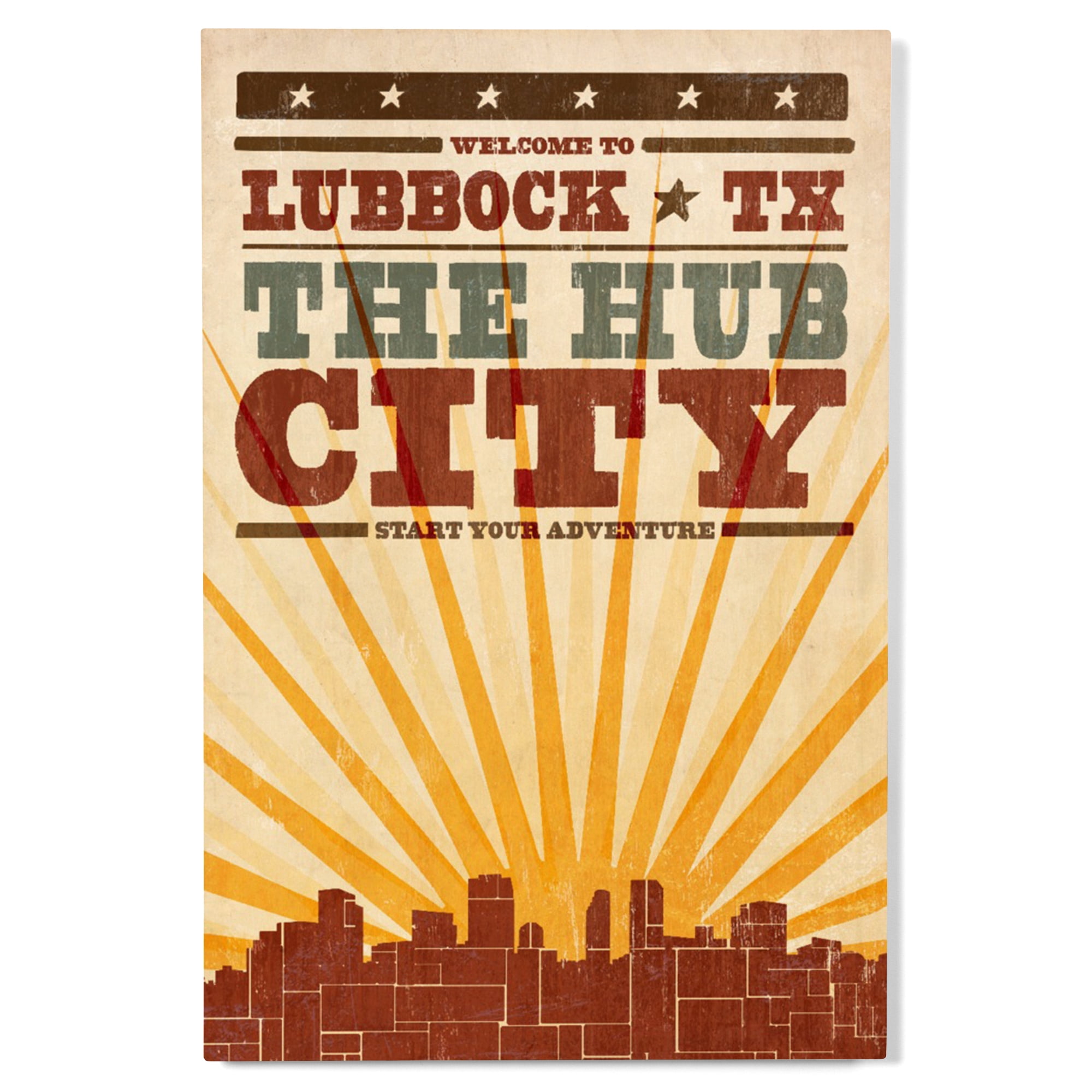 Lubbock, Texas, Skyline and Sunburst Screenprint Style Birch Wood Wall Sign (12x18 Rustic Home ...