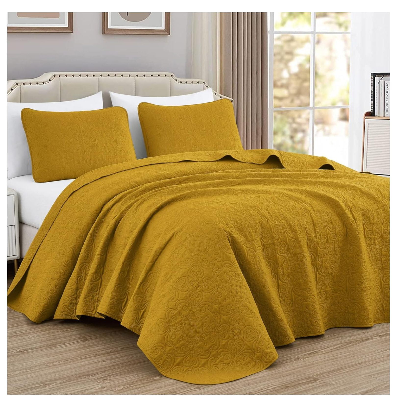 Luca 3-Piece Oversized Bedspread Set, King Size, Mustard - Summer Quilt ...